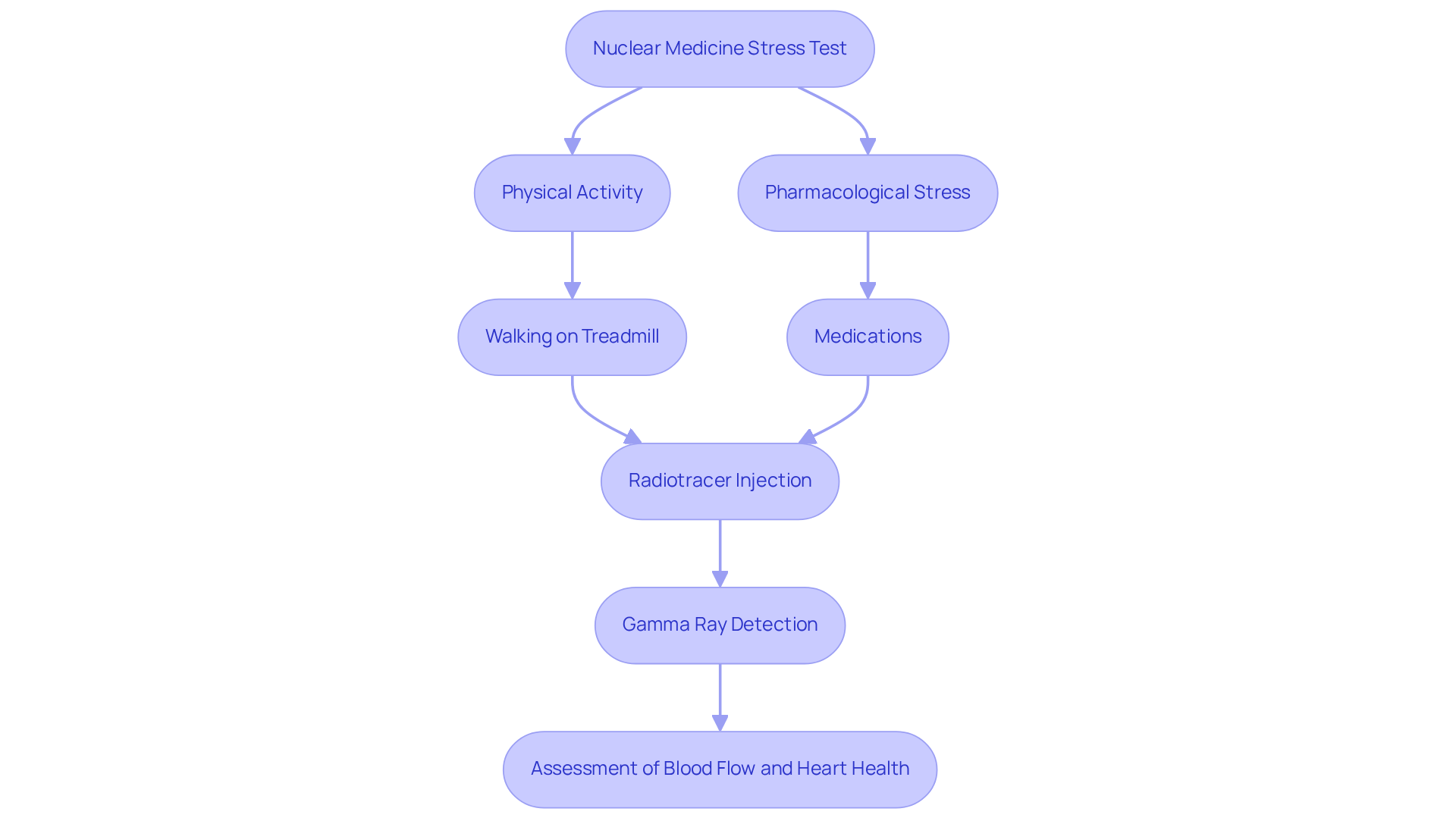 This flowchart outlines the steps involved in a nuclear medicine stress test. Follow the arrows to see how the test is performed, starting from the type of stress (physical or pharmacological) to the final assessment of heart health.