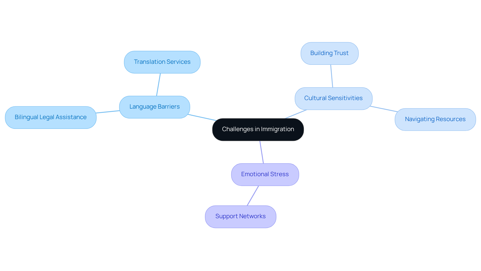 The center represents the main challenges in immigration, with branches showing specific issues and solutions. Each color-coded branch helps you easily identify different areas of concern and their corresponding strategies.