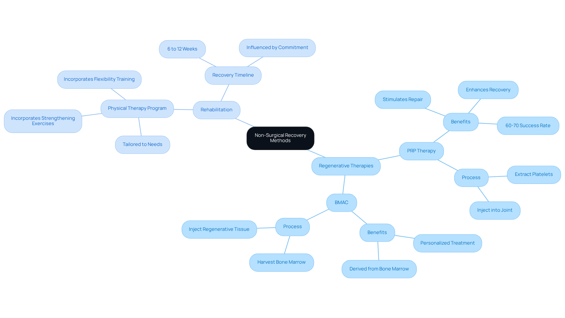 The center represents the overall topic of recovery methods. Each branch shows a different aspect of recovery, with sub-branches providing more details about specific therapies and rehabilitation techniques.