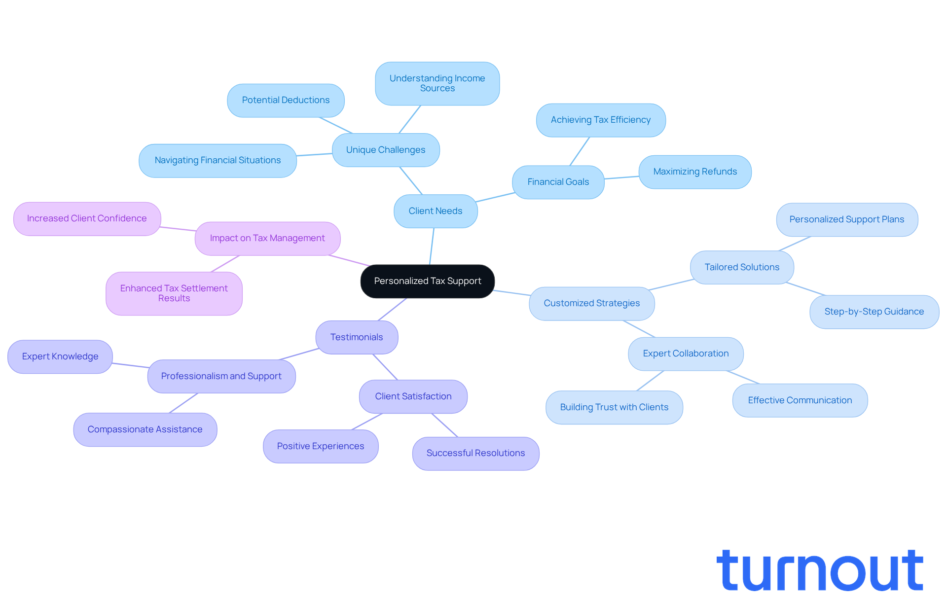 The central node represents the main theme of personalized support, while branches show different aspects of how this support is structured and its importance in tax resolution.