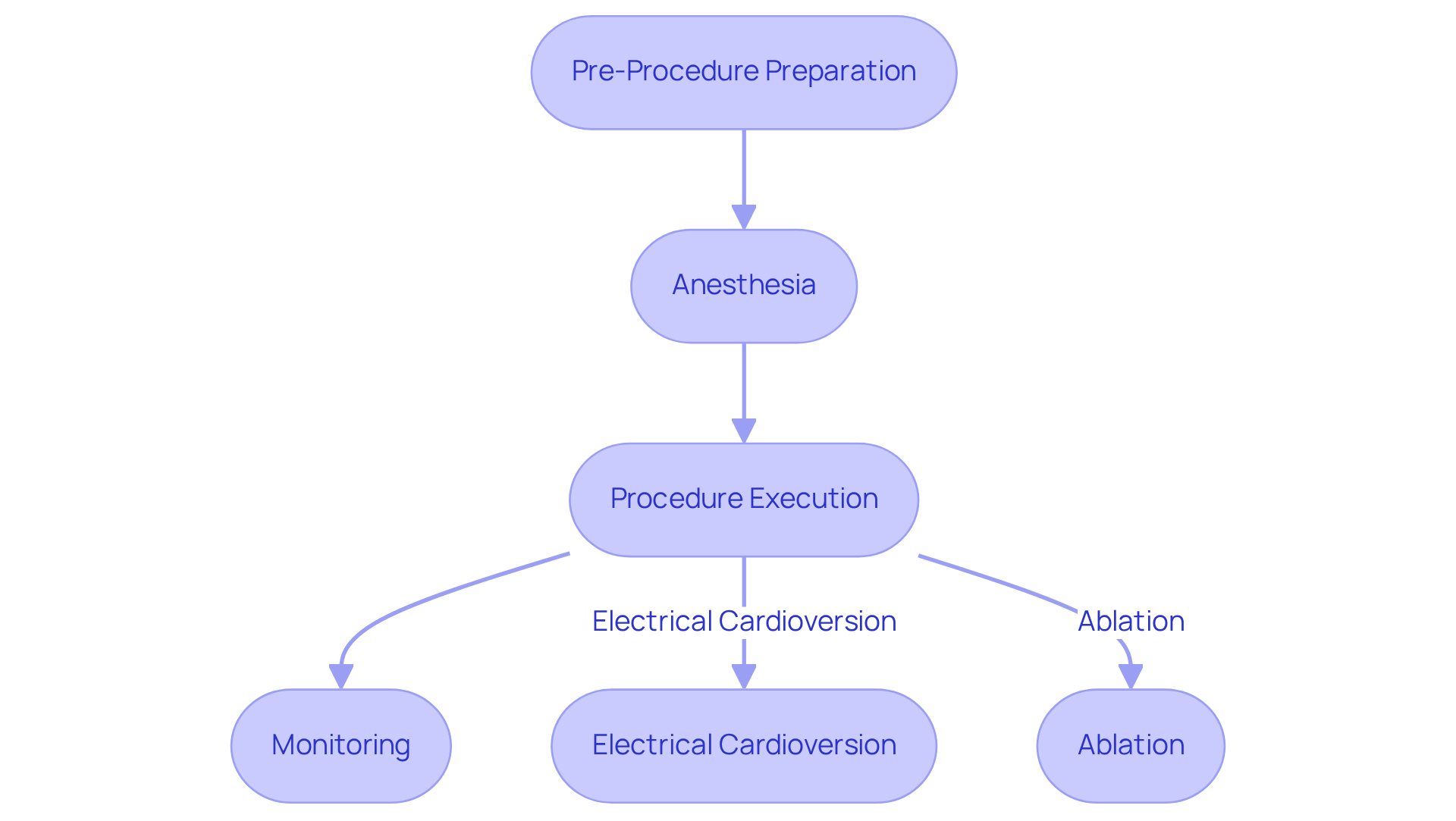 This flowchart guides you through the steps of restoring your heart rhythm. Start at the top with preparation, then follow the arrows down through anesthesia, the procedure itself, and finally monitoring. Each step is designed to ensure your comfort and safety.