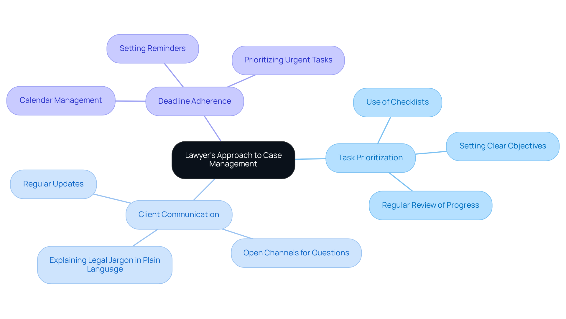 The central node represents the lawyer's overall approach, while the branches show specific strategies they use. Each color-coded branch helps you quickly identify different aspects of case management.