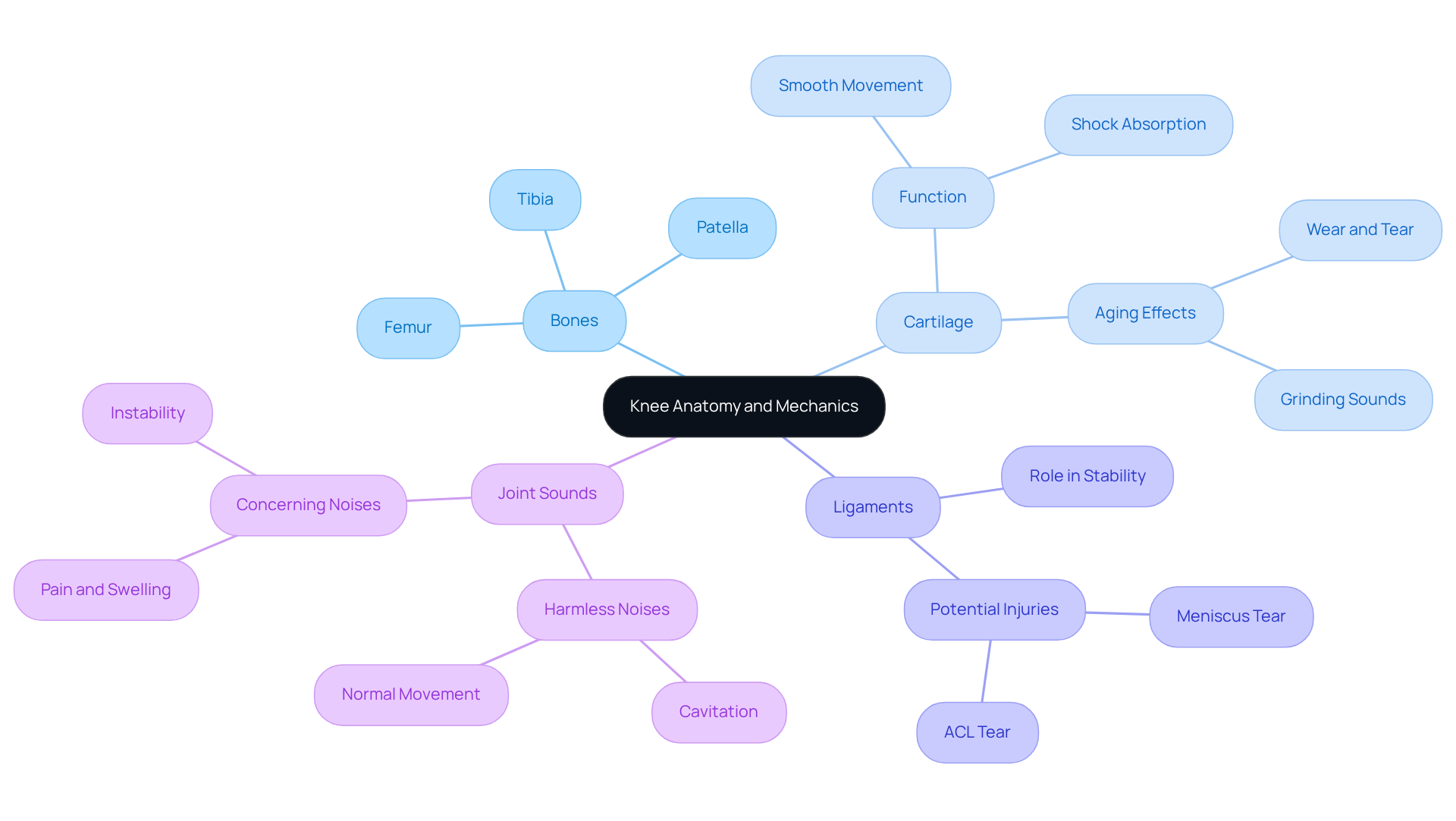 This mindmap helps you visualize the complex relationships within your knee's anatomy. Start at the center with the main topic, then follow the branches to explore each component and its role in knee health. Each color represents a different aspect of knee anatomy, making it easier to understand how they all connect.