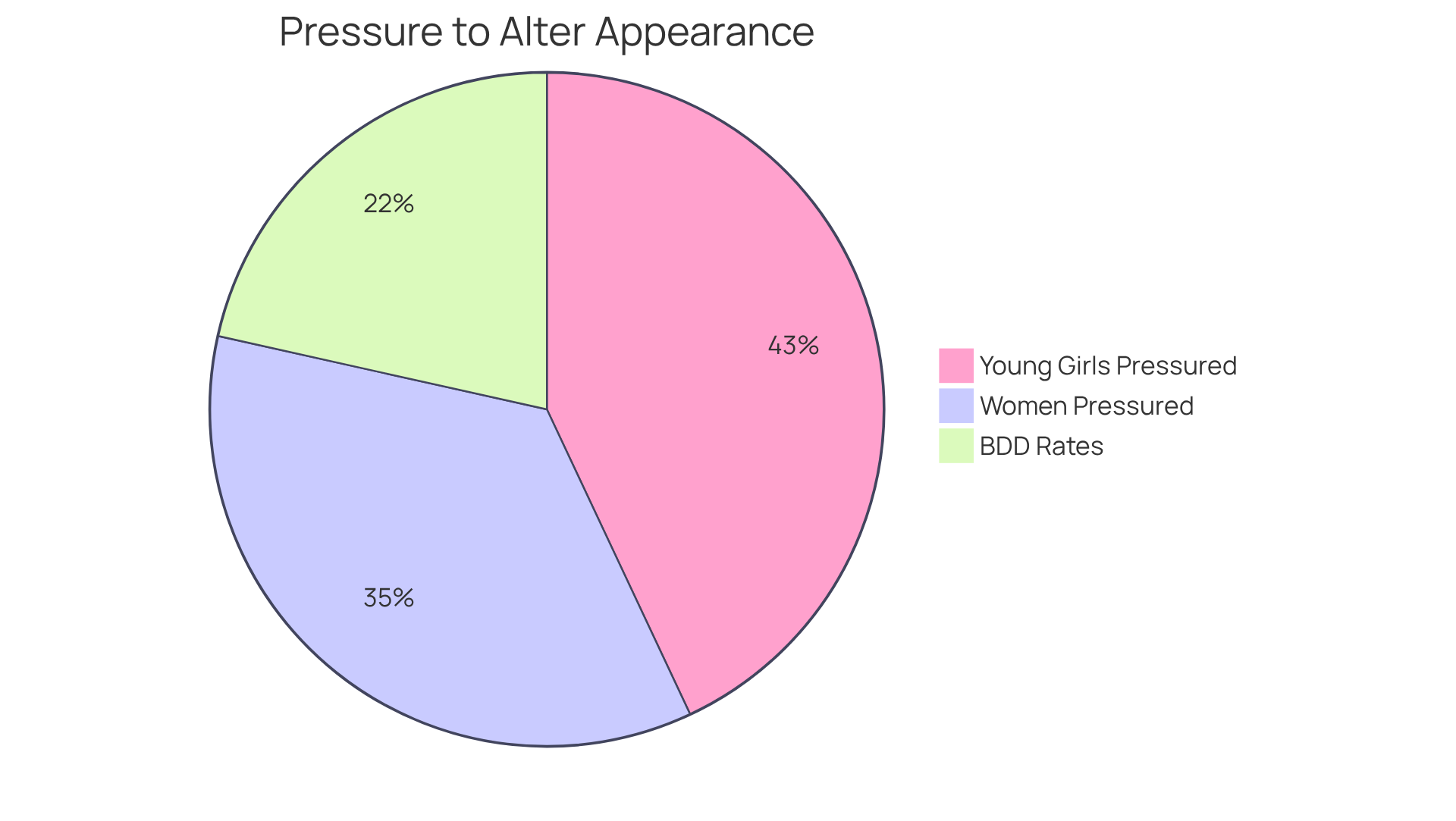 This pie chart shows the percentage of women and young girls who feel pressured to change their looks due to societal expectations. The larger the slice, the more individuals feel this pressure. The third slice highlights the significant number of those seeking cosmetic enhancements who also struggle with body dysmorphic disorder.