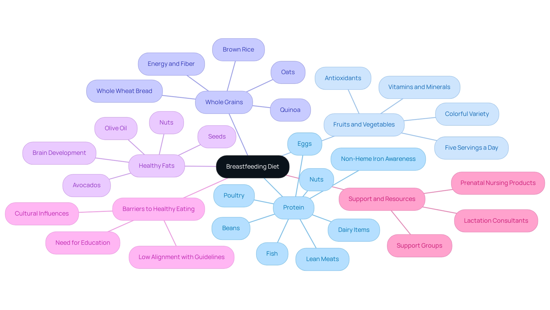 Each branch represents a key food group, with colors denoting the different categories of nutrients they provide.