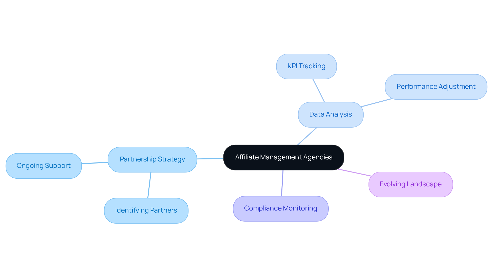 This mindmap illustrates the essential roles of affiliate management agencies. Start at the center with the main idea, then explore the branches to see how each function contributes to the overall effectiveness of ecommerce partnerships. This mindmap illustrates the essential roles of affiliate management agencies. Start at the center with the main idea, then explore the branches to see how each function contributes to the overall effectiveness of ecommerce partnerships.