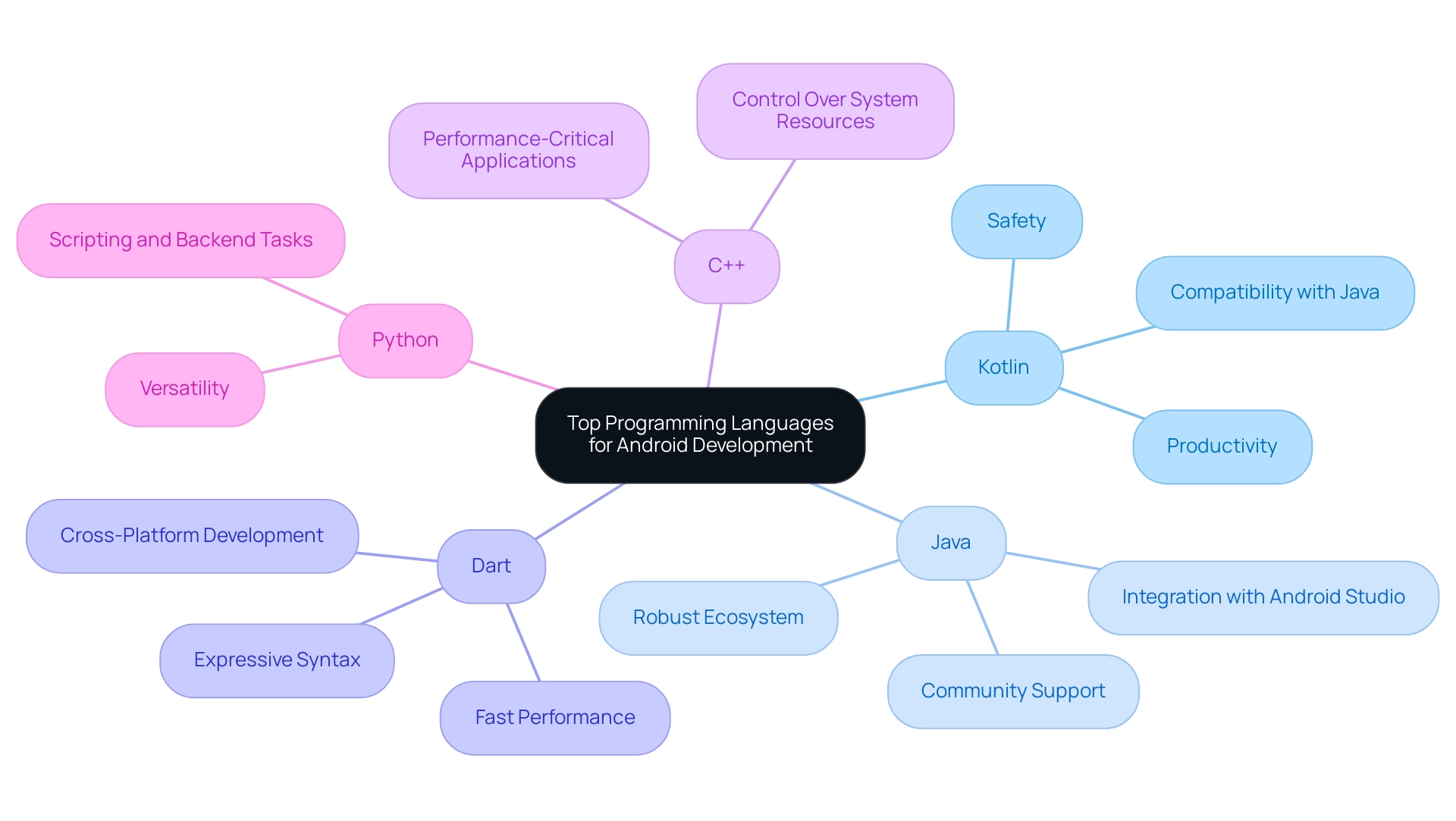 Each branch represents a programming language, with sub-branches illustrating key features and applications.