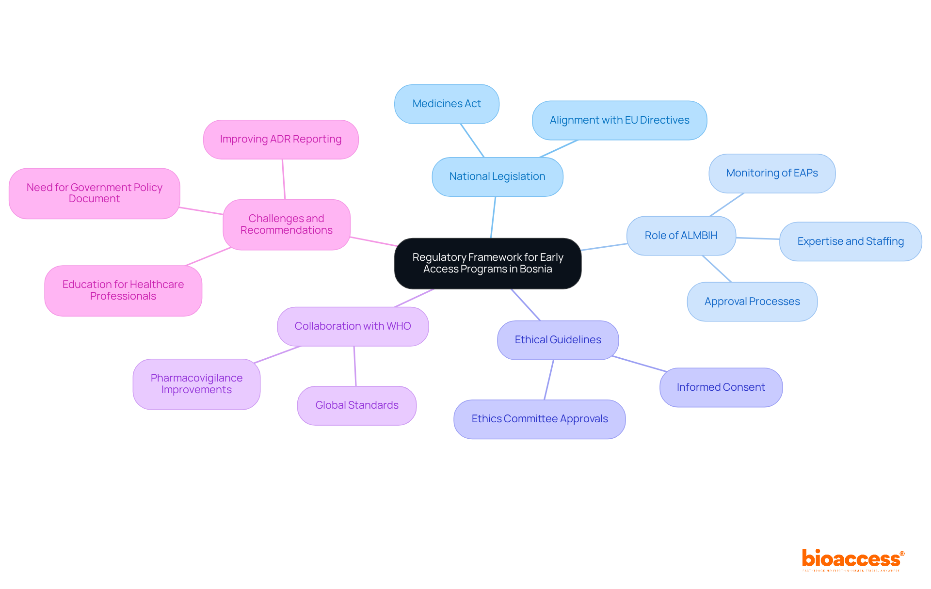 The central node represents the main topic, while the branches show key components of the regulatory framework. Each color-coded branch helps you navigate through the different aspects of early access programs, making it easier to understand how they interconnect.