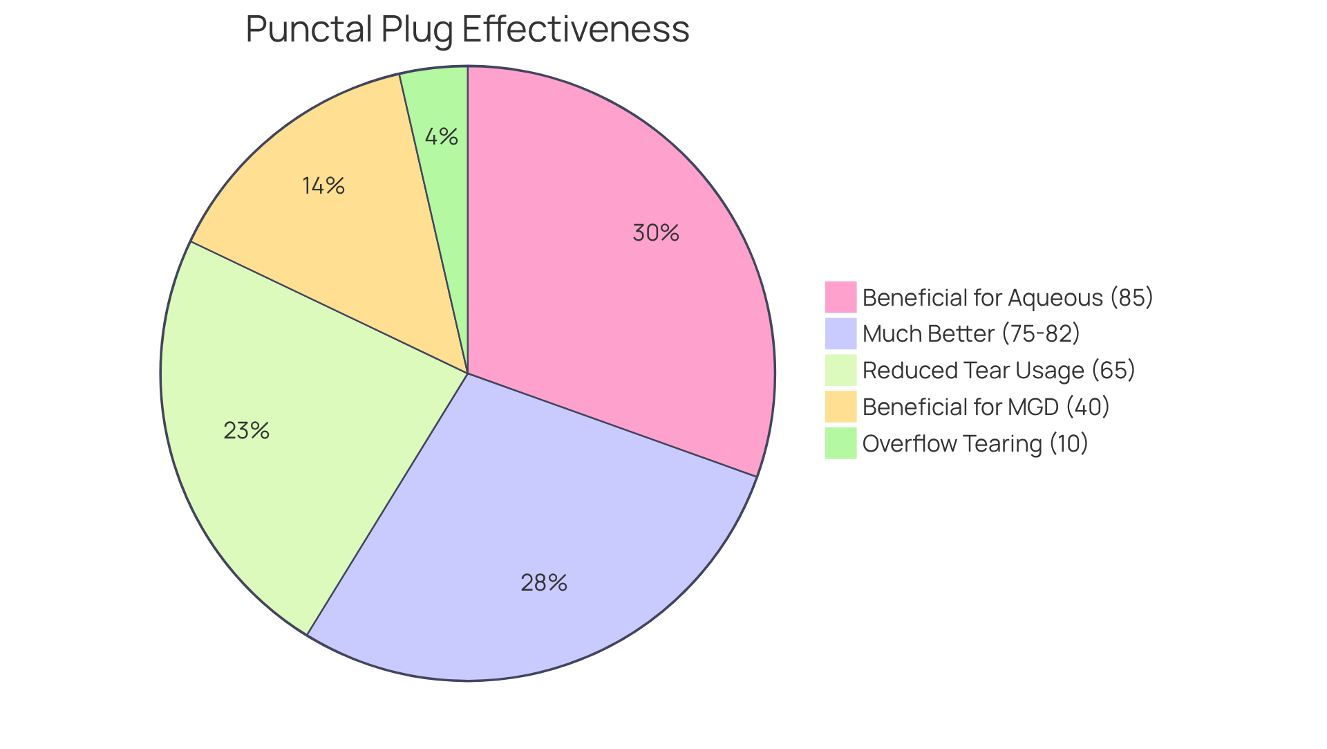 This pie chart shows how many patients reported different outcomes after using punctal plugs. Each slice represents a specific result: the larger the slice, the more people experienced that outcome. For example, the biggest slice indicates that 75-82% of patients felt much better after treatment.