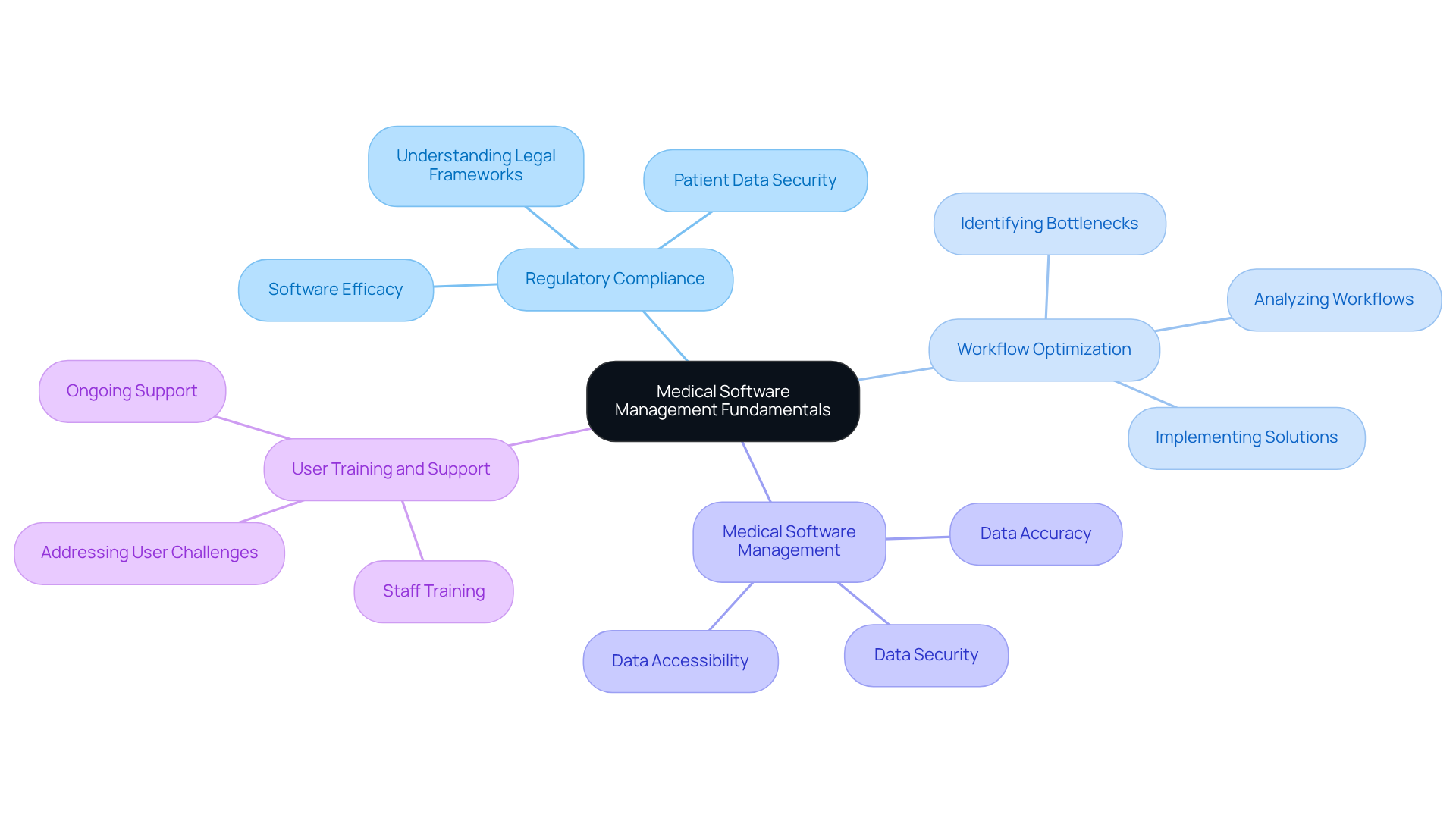 The center represents the core topic, and each branch shows a fundamental area of medical software management. Follow the branches to explore each area and its specific components, helping you understand how they all connect. The center represents the core topic, and each branch shows a fundamental area of medical software management. Follow the branches to explore each area and its specific components, helping you understand how they all connect.