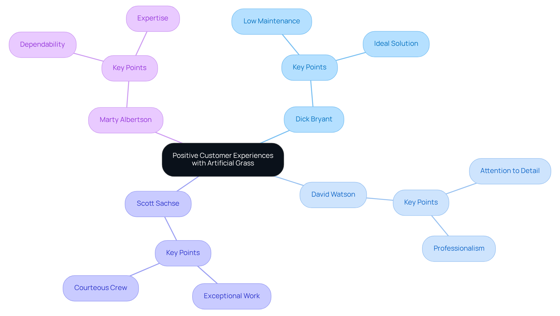 The central node represents the overall theme of positive experiences, while each branch highlights a specific customer's story and what they appreciated about the service.