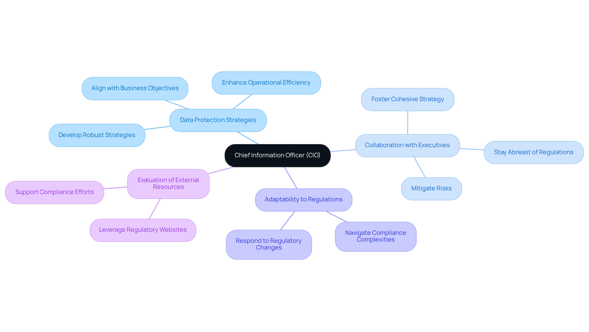 The central node represents the CIO's role, while the branches illustrate the various responsibilities and collaborative efforts that support data protection compliance. Follow the branches to understand how each aspect contributes to the overall goal of securing the organization.