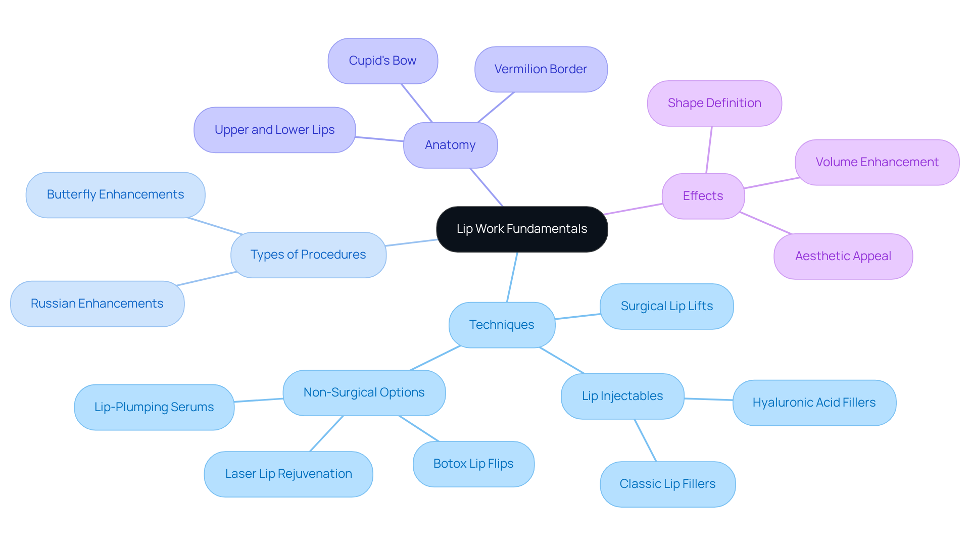 This mindmap starts with the main idea of lip work at the center. Each branch represents a different aspect of lip enhancement, showing how techniques, types, and effects are interconnected. Follow the branches to explore the details of each area.