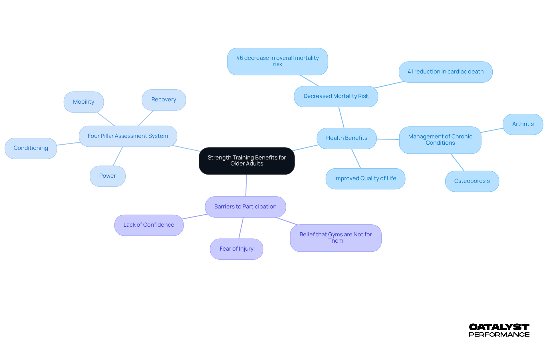 The central node represents the overall topic, while branches show specific benefits and the assessment system. Each color-coded section helps you understand how strength training contributes to health and independence.