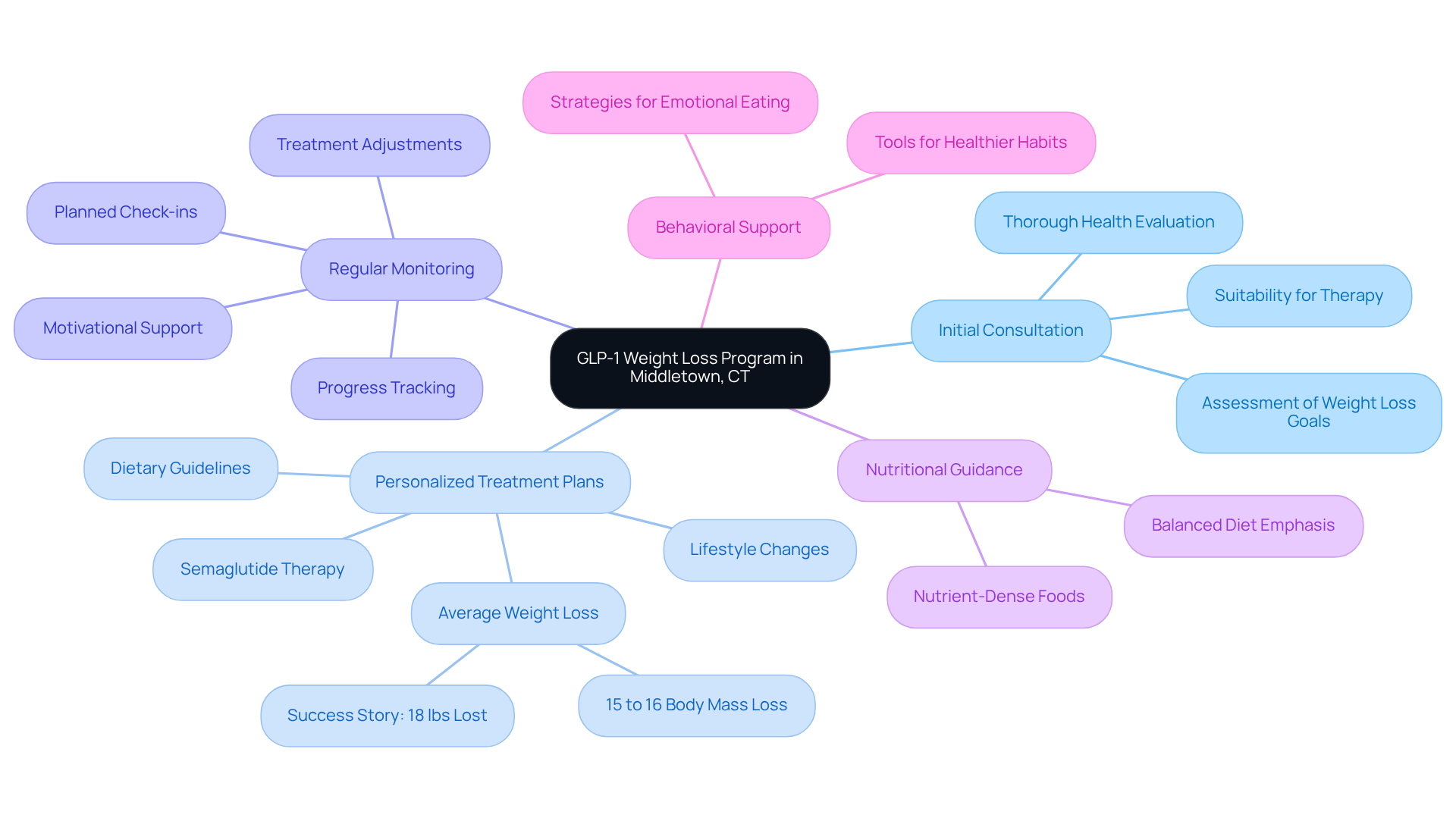 The center represents the main program, and each branch shows a key component of the program. Follow the branches to see how each part supports your weight loss journey.