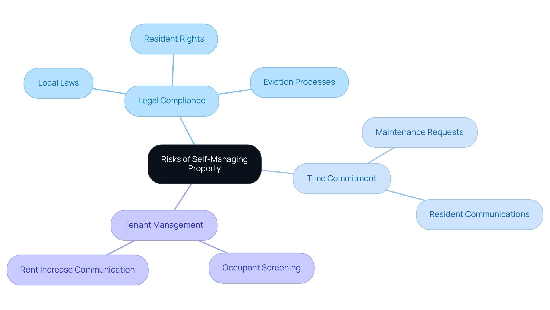 The central node represents the overall risks of self-management, while the branches detail specific challenges. Each color-coded branch helps you quickly identify different risk areas and their implications.