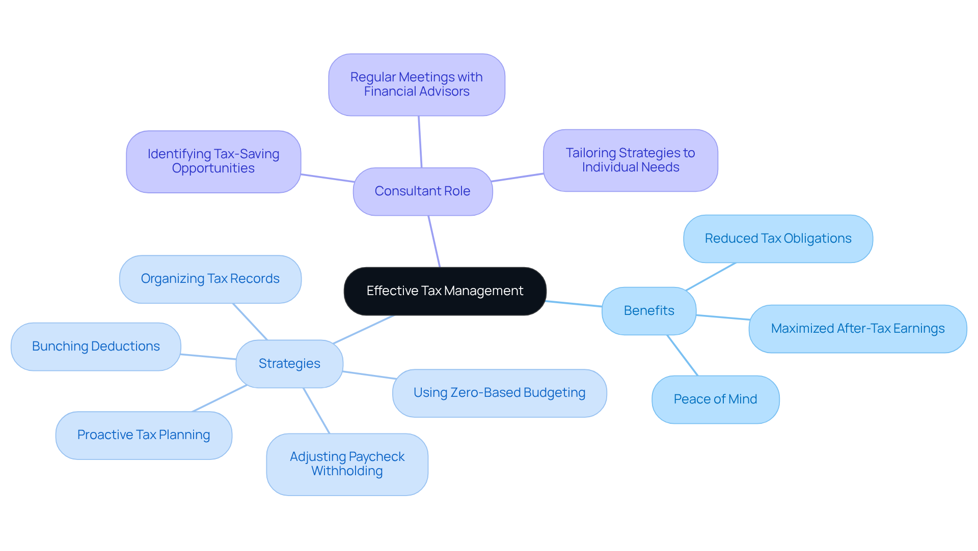 The center represents the main idea of tax management. Follow the branches to explore the benefits and strategies that can lead to financial security and a happier family life. The center represents the main idea of tax management. Follow the branches to explore the benefits and strategies that can lead to financial security and a happier family life.