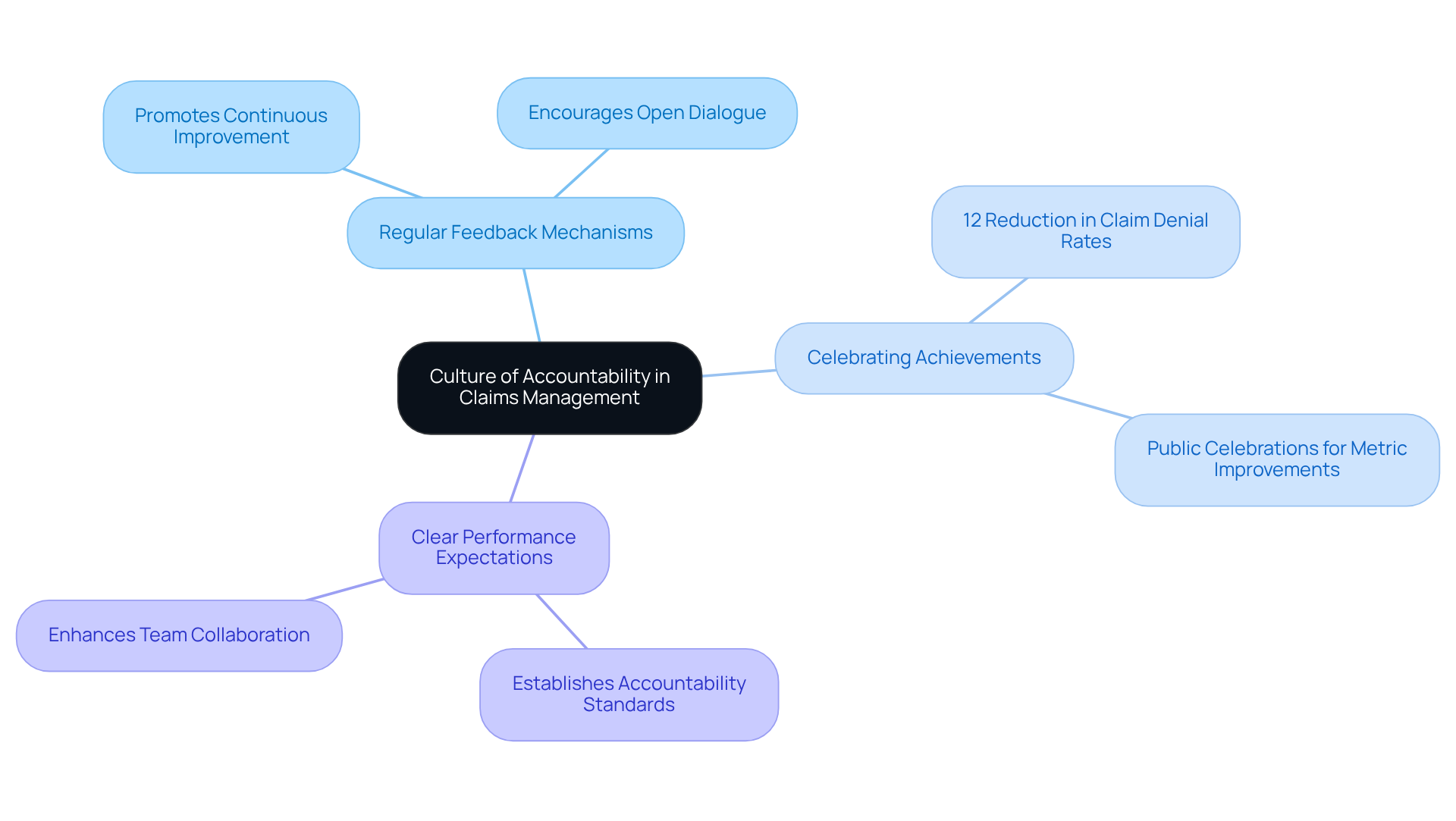 The central idea is about creating a culture of accountability. Each branch represents a strategy to achieve this, with further details showing how these strategies lead to positive outcomes.