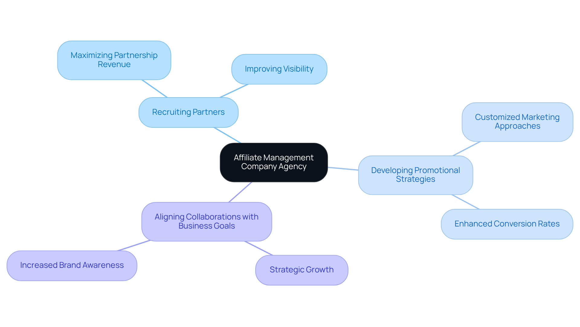 The center represents the agency's role, and the branches show its key functions. Each function leads to specific benefits, illustrating how the agency contributes to business growth and success. The center represents the agency's role, and the branches show its key functions. Each function leads to specific benefits, illustrating how the agency contributes to business growth and success.