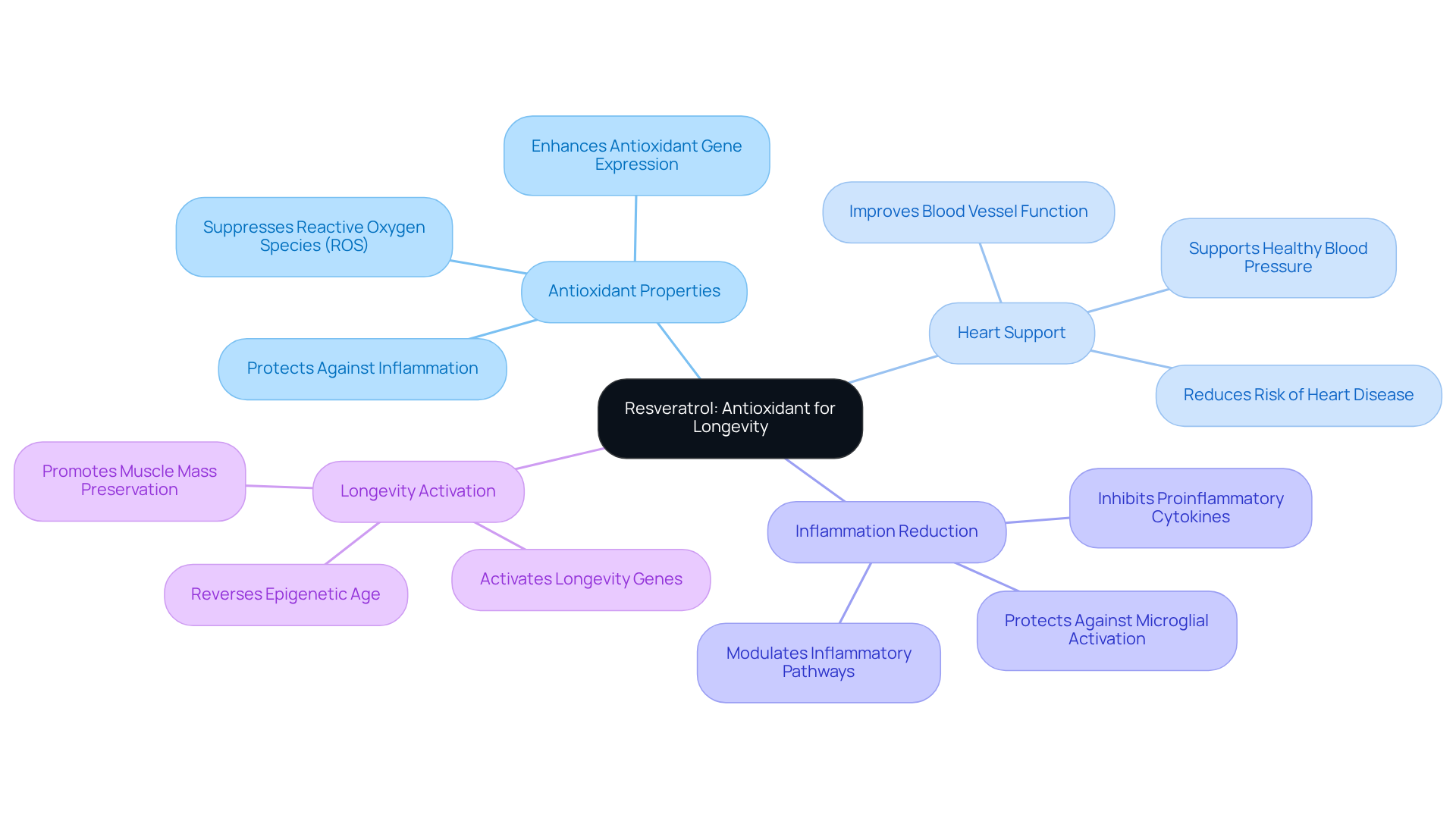 The central node represents resveratrol, and each branch shows a different benefit. The sub-branches provide more details about how resveratrol supports health. Follow the branches to explore the various ways this powerful antioxidant can enhance your vitality as you age. The central node represents resveratrol, and each branch shows a different benefit. The sub-branches provide more details about how resveratrol supports health. Follow the branches to explore the various ways this powerful antioxidant can enhance your vitality as you age.