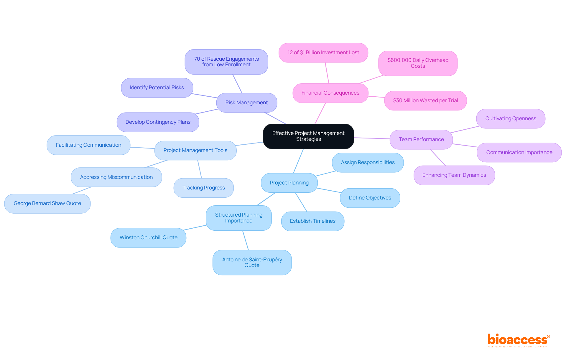 The central node represents the main theme of project management strategies, while the branches show key areas of focus. Each sub-branch provides specific details or actions related to that area, helping you understand how they all contribute to successful project outcomes.
