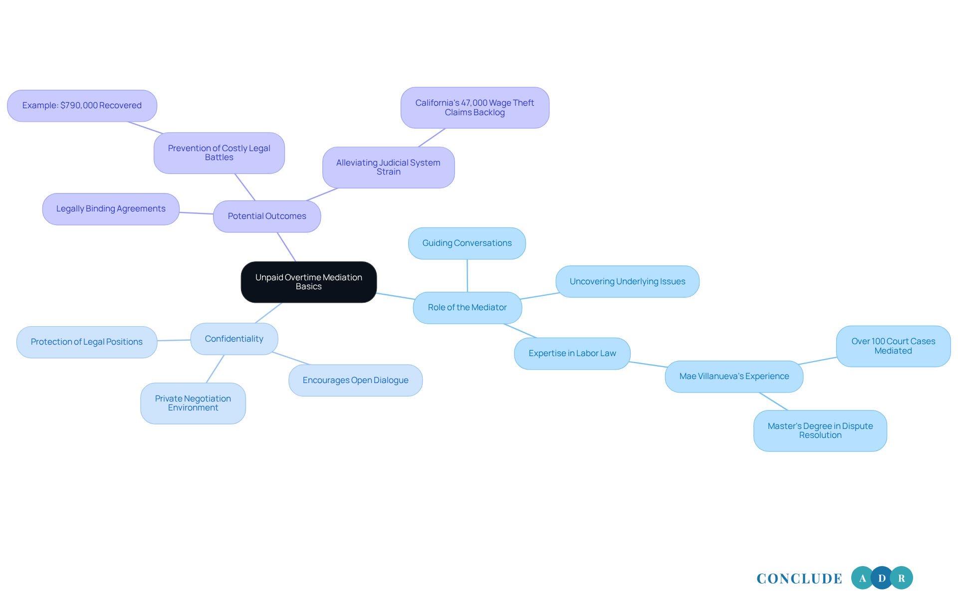 The center represents the main topic of unpaid overtime mediation. Each branch shows a key aspect of the process, with further details underneath. This layout helps you understand how everything connects and the importance of each part. The center represents the main topic of unpaid overtime mediation. Each branch shows a key aspect of the process, with further details underneath. This layout helps you understand how everything connects and the importance of each part.