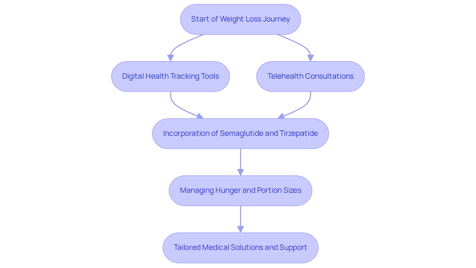 This flowchart shows the steps in your weight loss journey. Start at the top and follow the arrows to see how each part connects, from tracking your progress to receiving tailored support.