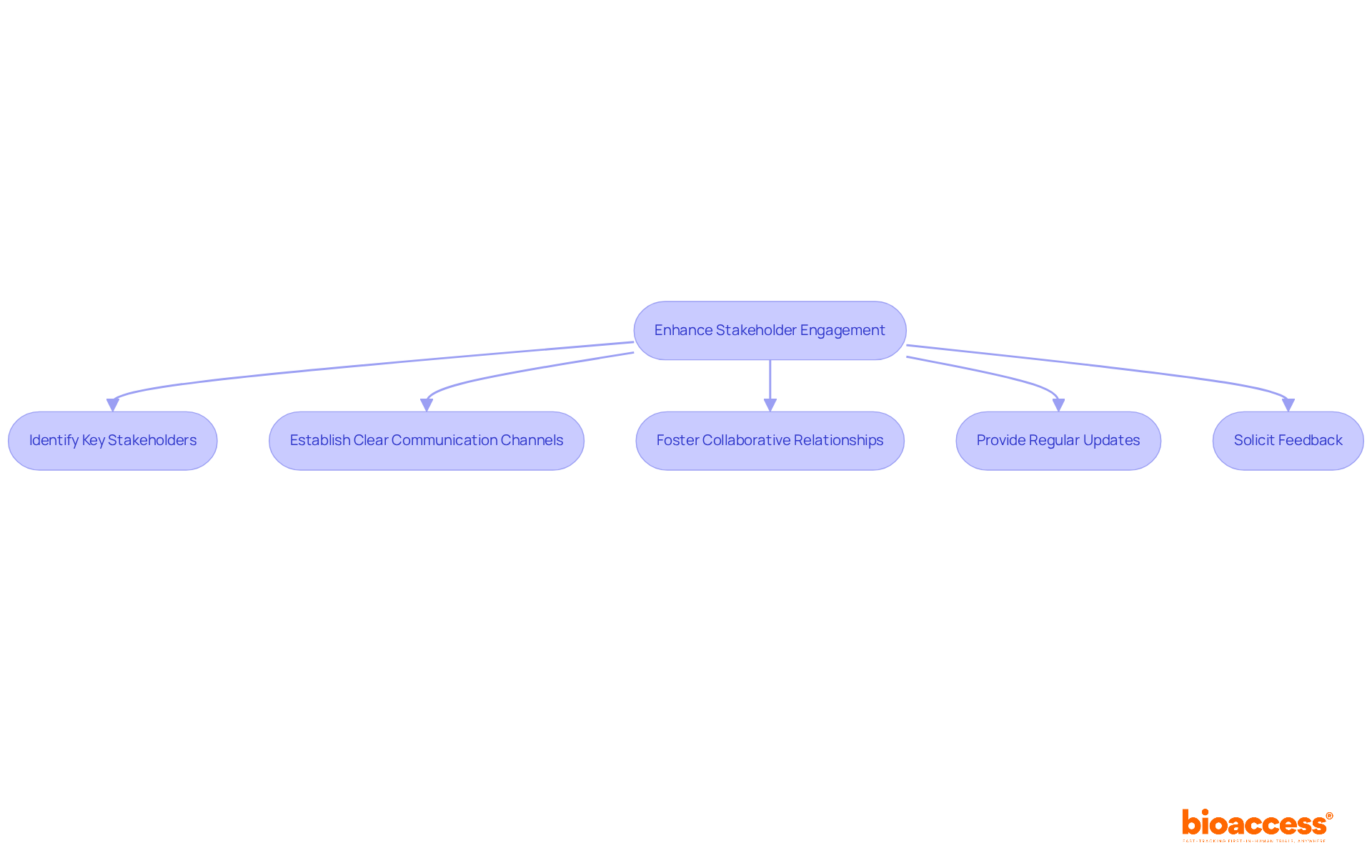 Each box represents a strategy to improve communication with stakeholders. Follow the arrows to see how these strategies connect and contribute to successful engagement.