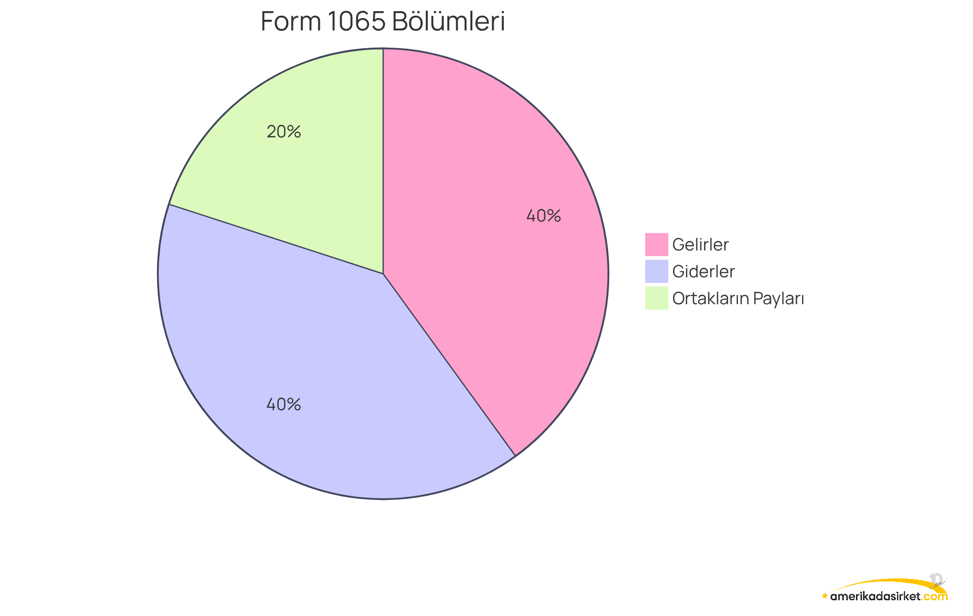 Her dilim, Form 1065'in ana bölümlerini temsil eder. Dilimlerin büyüklüğü, her bölümün toplam içindeki oranını gösterir - daha büyük dilimler, daha fazla katkı anlamına gelir.