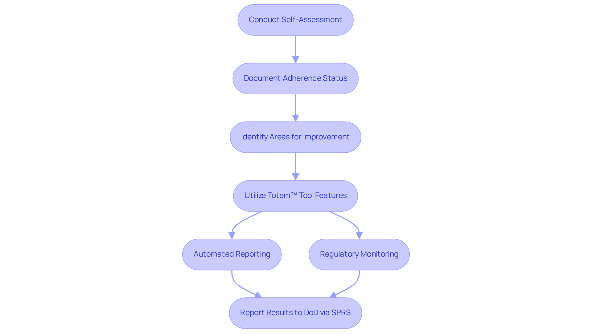 Each box represents a crucial step in the compliance journey. Follow the arrows to navigate through the process, from self-assessment to reporting results.
