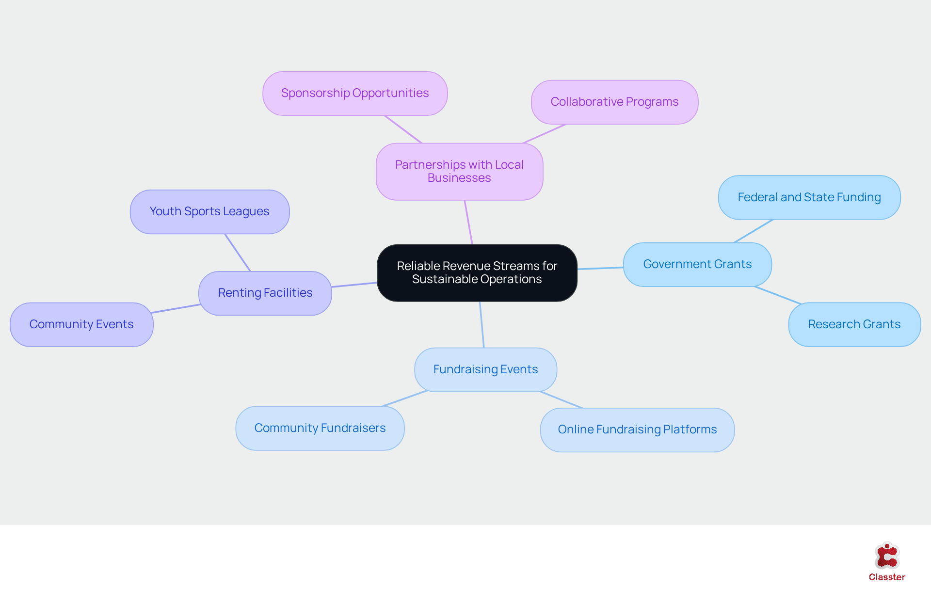 The central node represents the main goal of identifying reliable revenue streams, while the branches show different strategies. Each sub-branch provides specific examples or actions that can be taken to achieve financial sustainability. The central node represents the main goal of identifying reliable revenue streams, while the branches show different strategies. Each sub-branch provides specific examples or actions that can be taken to achieve financial sustainability.