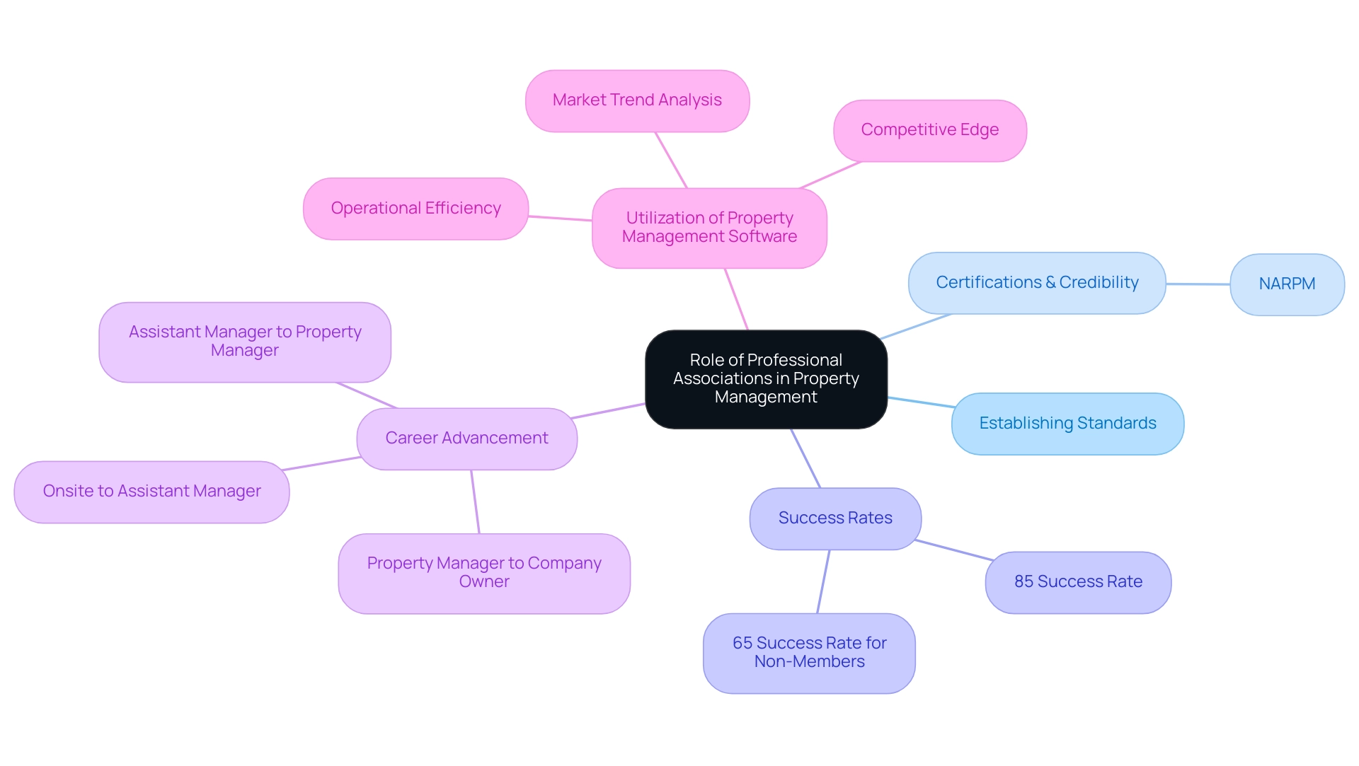Each branch represents a key concept related to professional associations, with colors differentiating the main areas of focus.