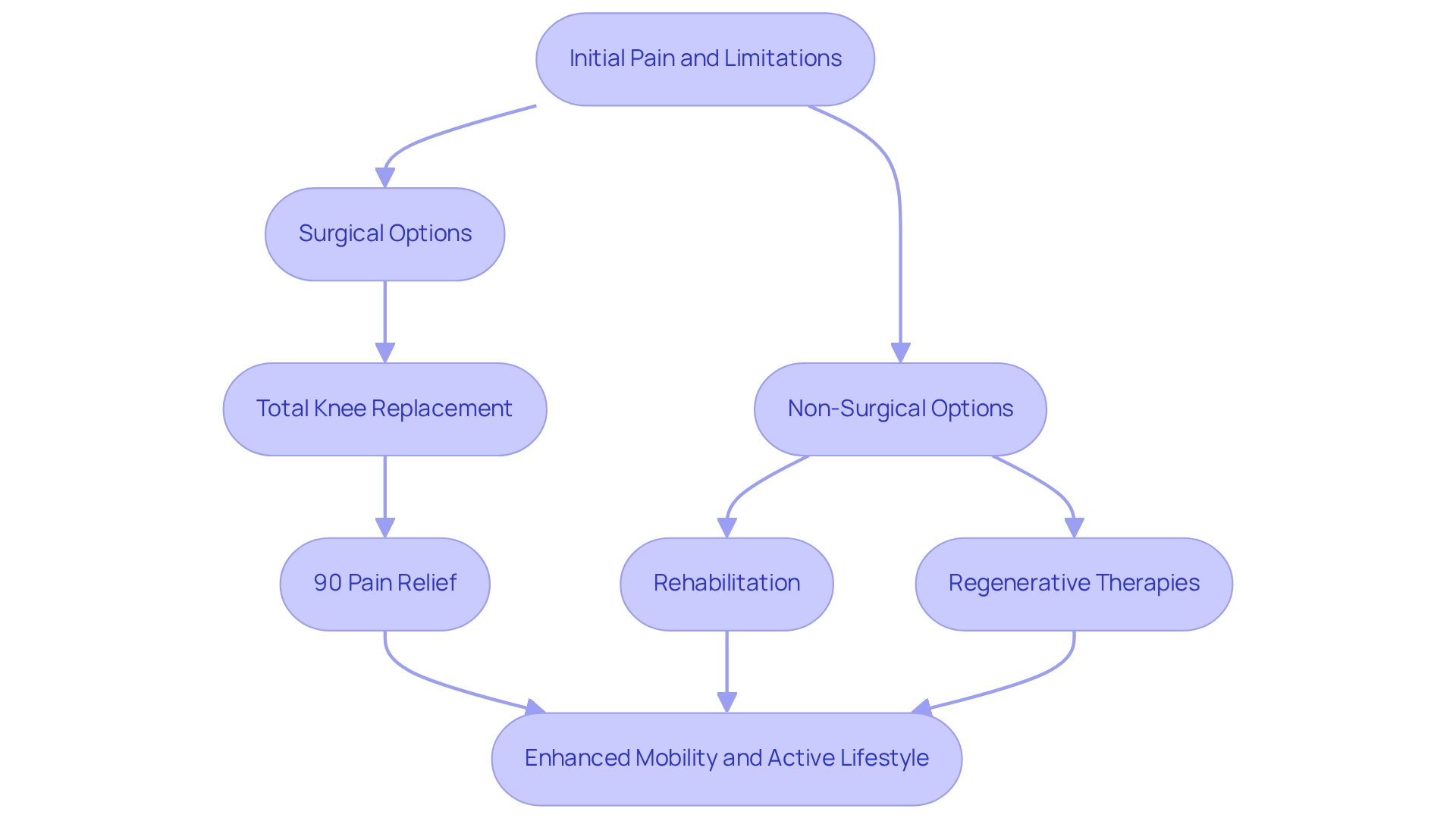 This flowchart illustrates the steps patients take from experiencing pain to achieving a more active lifestyle. Each box represents a stage in their journey, showing the options available and the positive outcomes they can expect.
