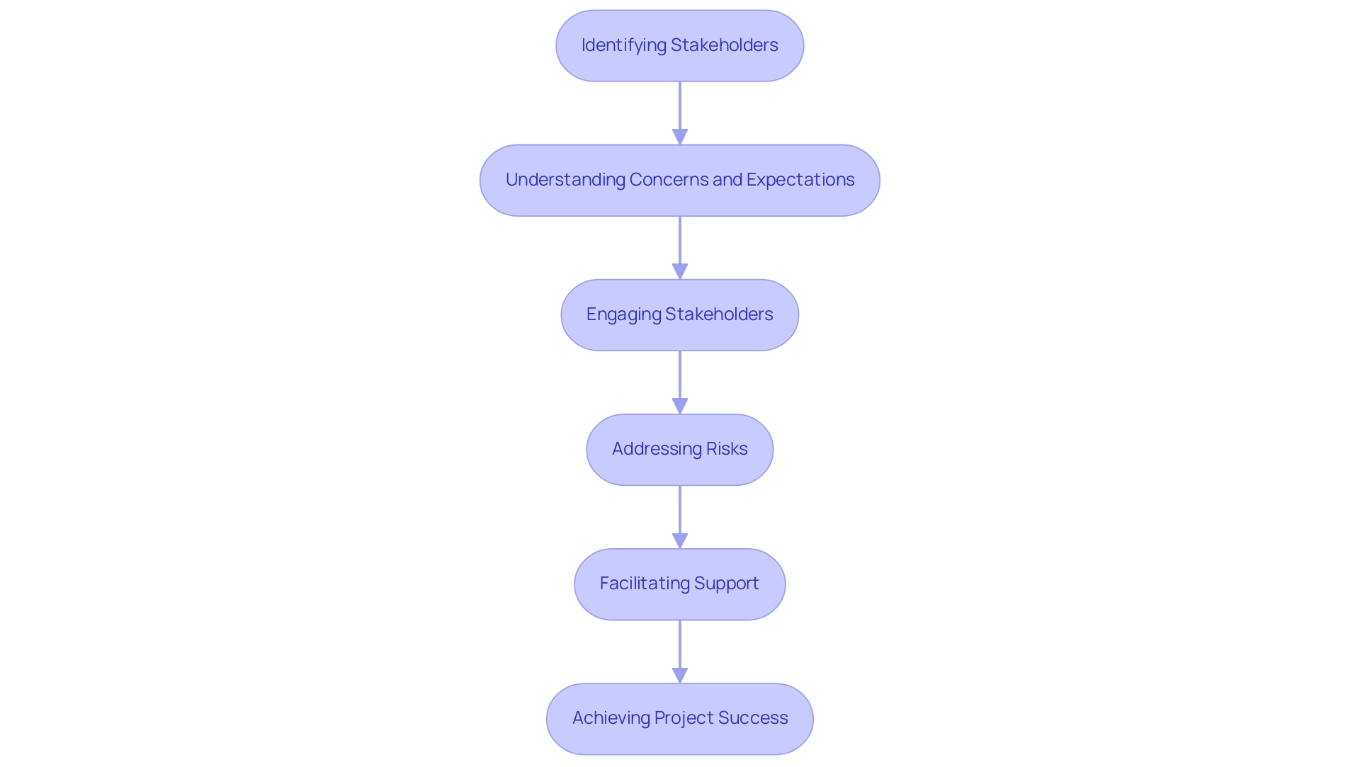 Each box represents a key step in the stakeholder management process, with arrows indicating the flow from one step to the next. Colors differentiate the types of activities involved.