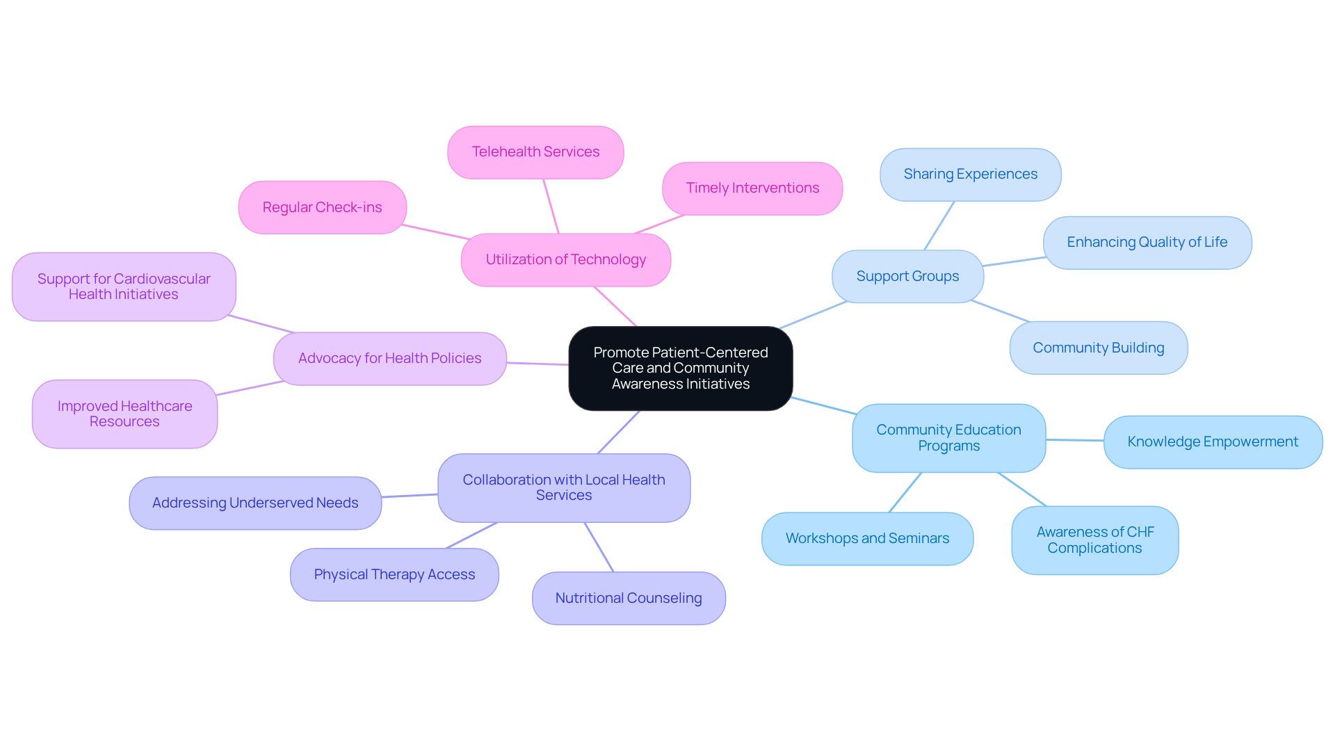 The central idea focuses on improving care for seniors with CHF. Each branch represents a strategy, and the sub-branches provide further details on each initiative. Follow the branches to explore how each component contributes to patient-centered care.