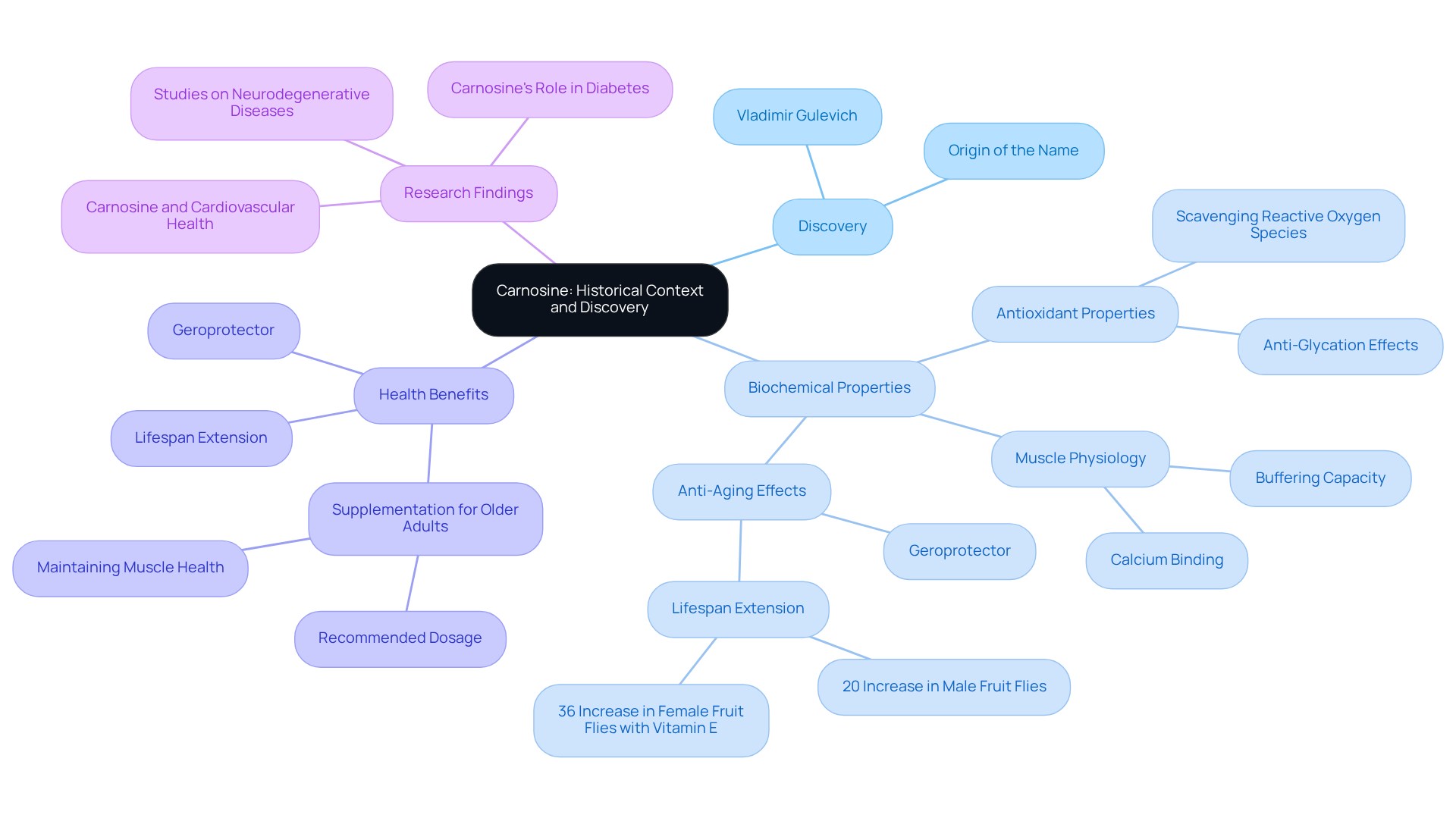 This mindmap illustrates the journey of carnosine from its discovery to its health benefits. Start at the center with the main topic, then explore the branches to see how carnosine is connected to its history, properties, and the potential benefits it offers as we age. This mindmap illustrates the journey of carnosine from its discovery to its health benefits. Start at the center with the main topic, then explore the branches to see how carnosine is connected to its history, properties, and the potential benefits it offers as we age.