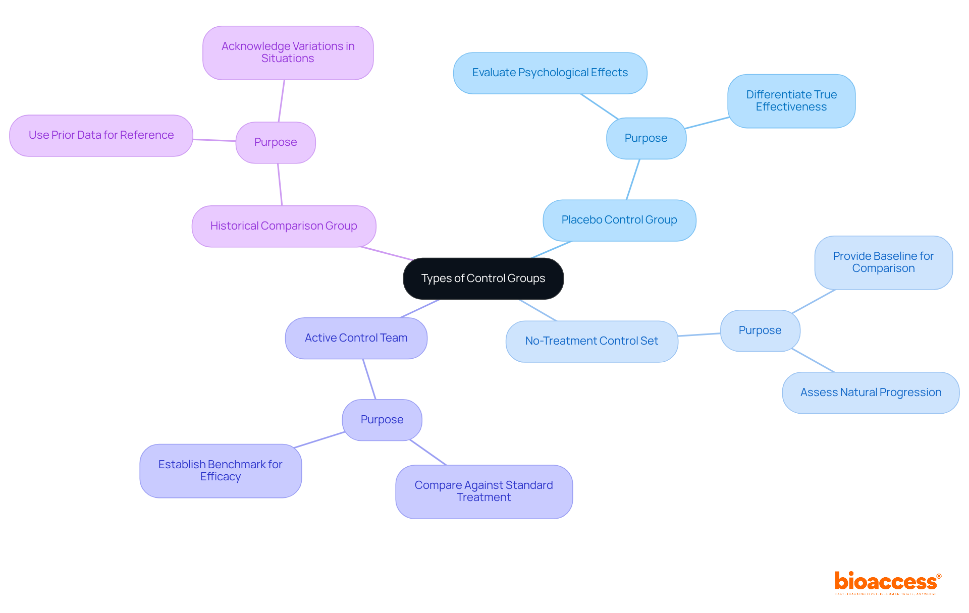 At the center, we have the main concept of control groups, then follow the branches to explore each type and what role it plays in research. Each color-coded section helps you identify different variations and their specific implications.