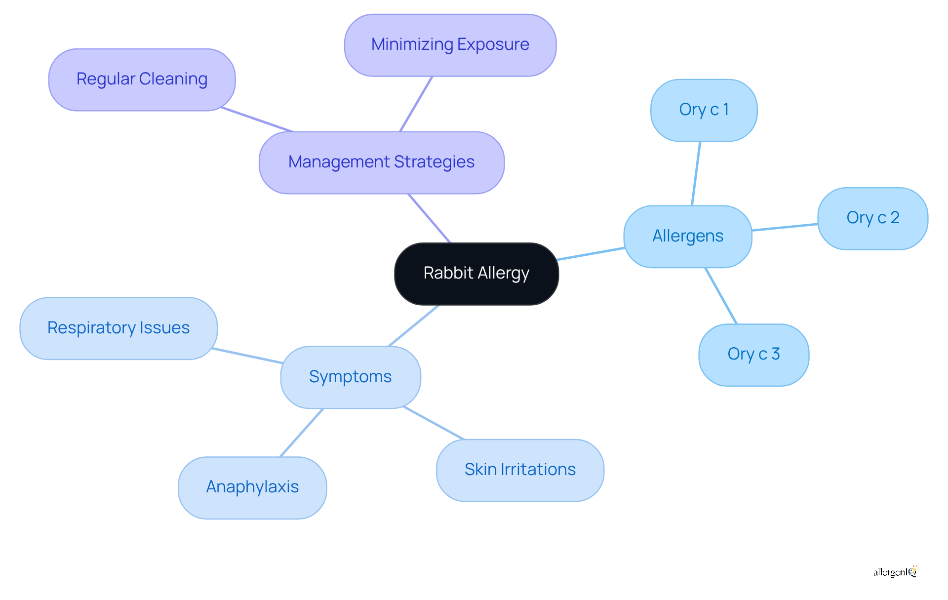 The central node represents rabbit allergy, with branches showing the main allergens, symptoms, and management strategies. Each color-coded branch helps you quickly identify related information.