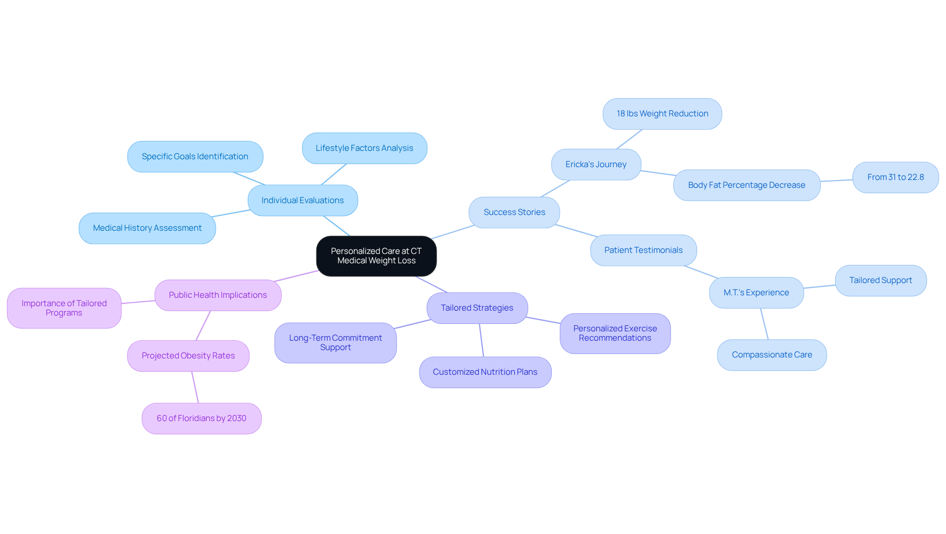 The center represents the main theme of personalized care, with branches showing how it connects to individual evaluations, success stories, and the importance of tailored strategies in addressing obesity.