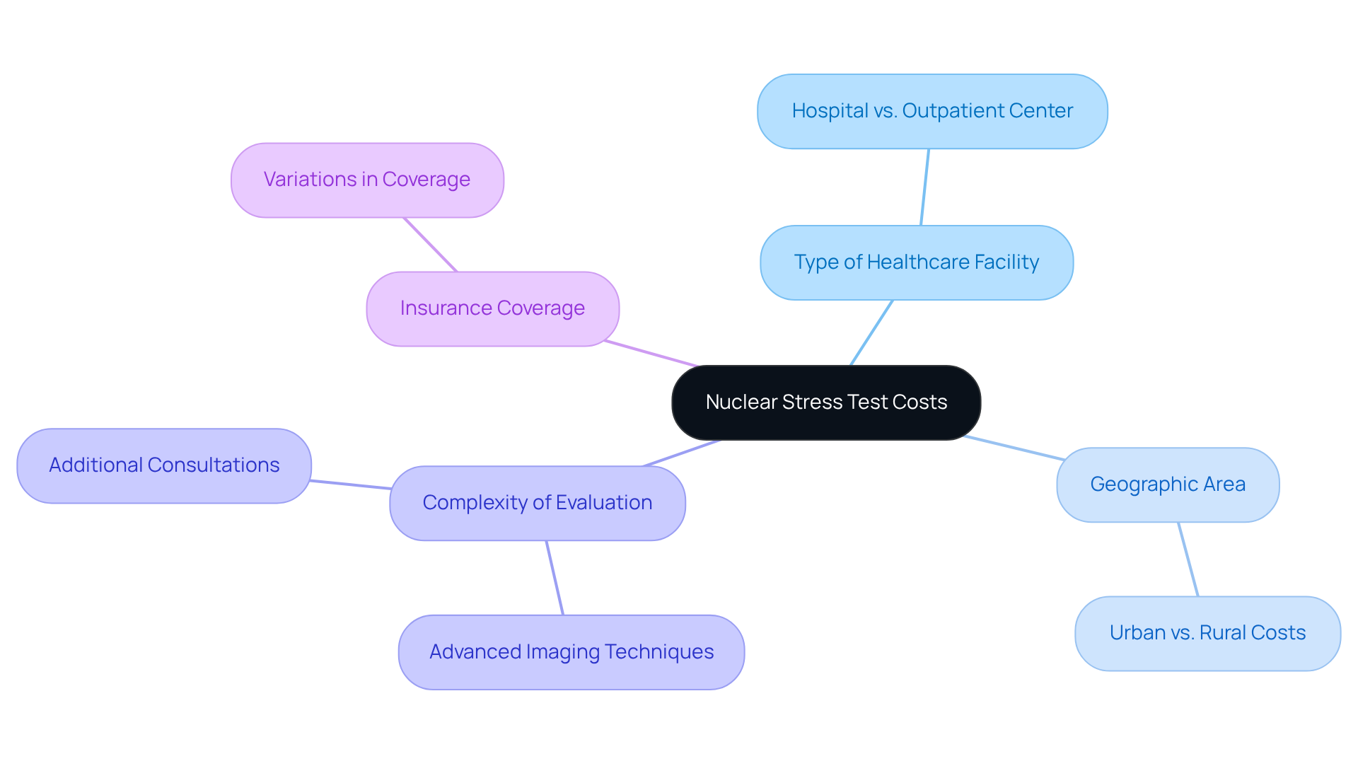 The central node represents the overall costs, while the branches show different factors that can affect what you pay. Each color-coded branch helps you understand how various elements contribute to the total cost.