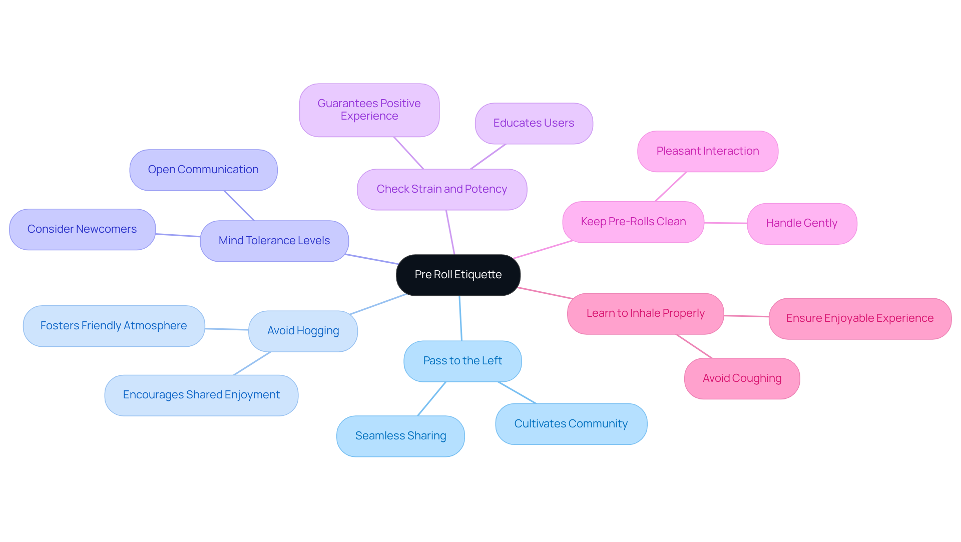 The central node represents the main topic of etiquette, while each branch shows a specific guideline. Follow the branches to explore each point and understand how they contribute to a positive social experience. The central node represents the main topic of etiquette, while each branch shows a specific guideline. Follow the branches to explore each point and understand how they contribute to a positive social experience.