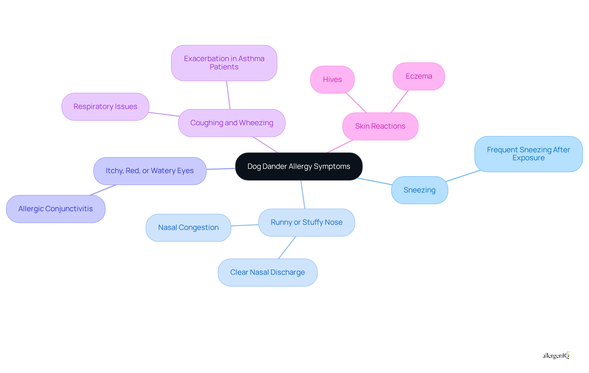 The central node represents the main topic, while each branch shows a specific symptom. This layout helps you quickly identify and understand the signs of dog dander allergy.