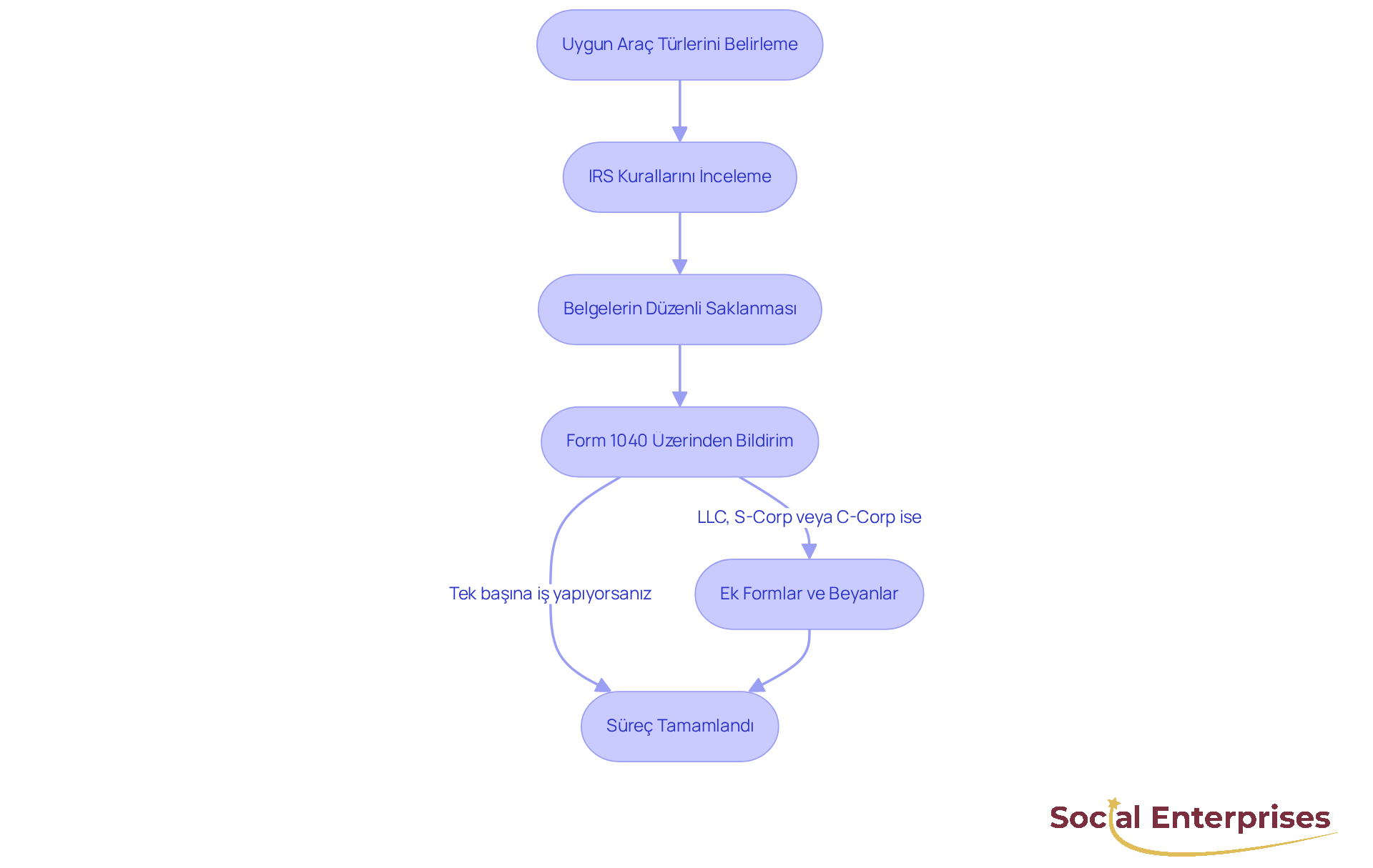 Her kutu, sürecin bir aşamasını temsil eder. Oklar, sürecin nasıl ilerlediğini gösterir. İlk adımdan başlayarak, belgelerinizi nasıl düzenleyeceğinizi ve beyan etmeniz gereken formları takip edebilirsiniz.