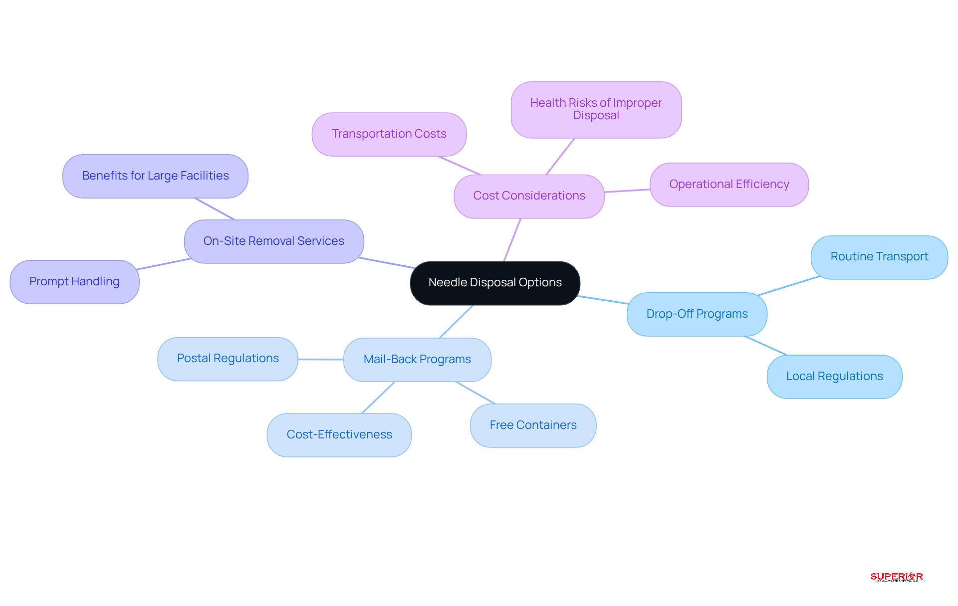 The center shows the main topic of needle disposal options, with branches leading to different methods. Each branch contains important details about that method, helping you understand the choices available.