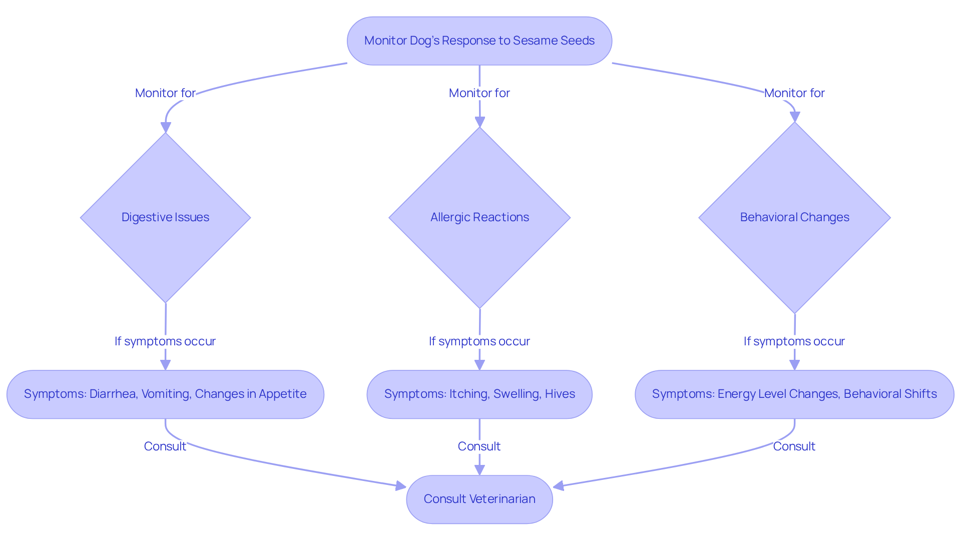 Follow the flow from monitoring your dog's response to identifying symptoms and knowing when to consult a vet. Each symptom leads to a recommendation for action, ensuring your pet's safety.
