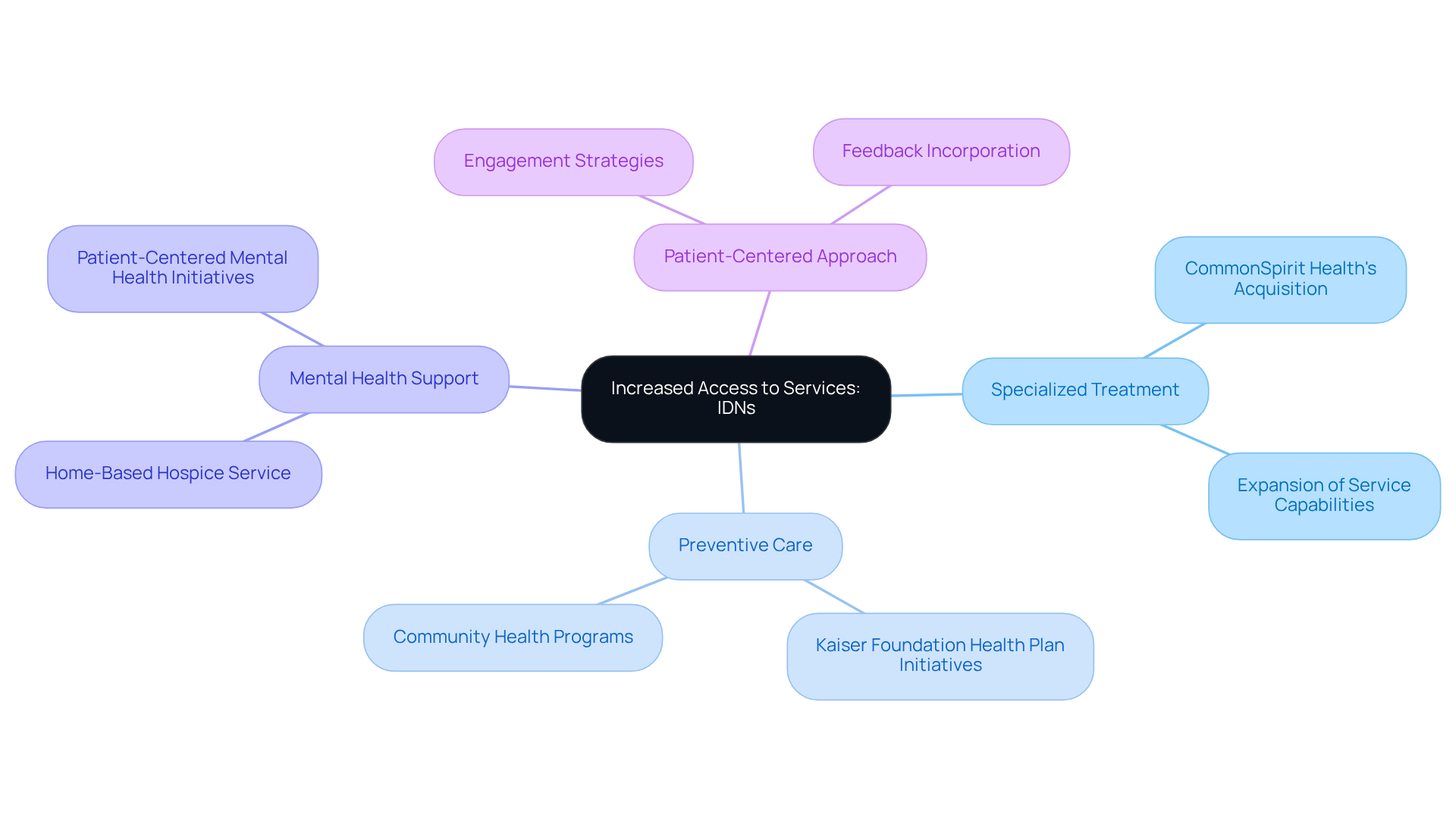 The central node represents the main topic of IDNs and their role in improving access to services. Each branch represents a key area of focus, while sub-branches provide specific examples and initiatives that enhance patient care.