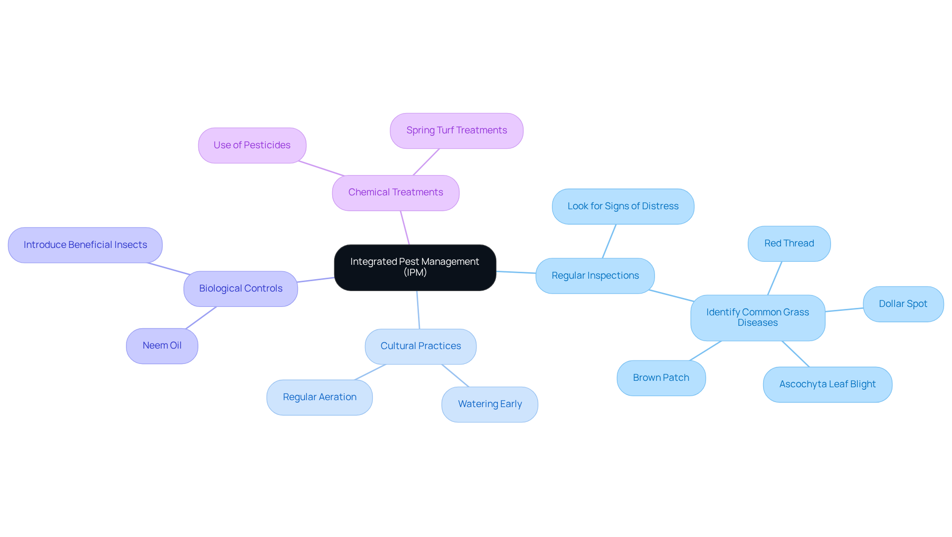 The center represents the main strategy (IPM), and the branches show different methods you can use to keep your lawn healthy. Each color-coded branch leads to specific actions that help manage pests and diseases effectively. The center represents the main strategy (IPM), and the branches show different methods you can use to keep your lawn healthy. Each color-coded branch leads to specific actions that help manage pests and diseases effectively.
