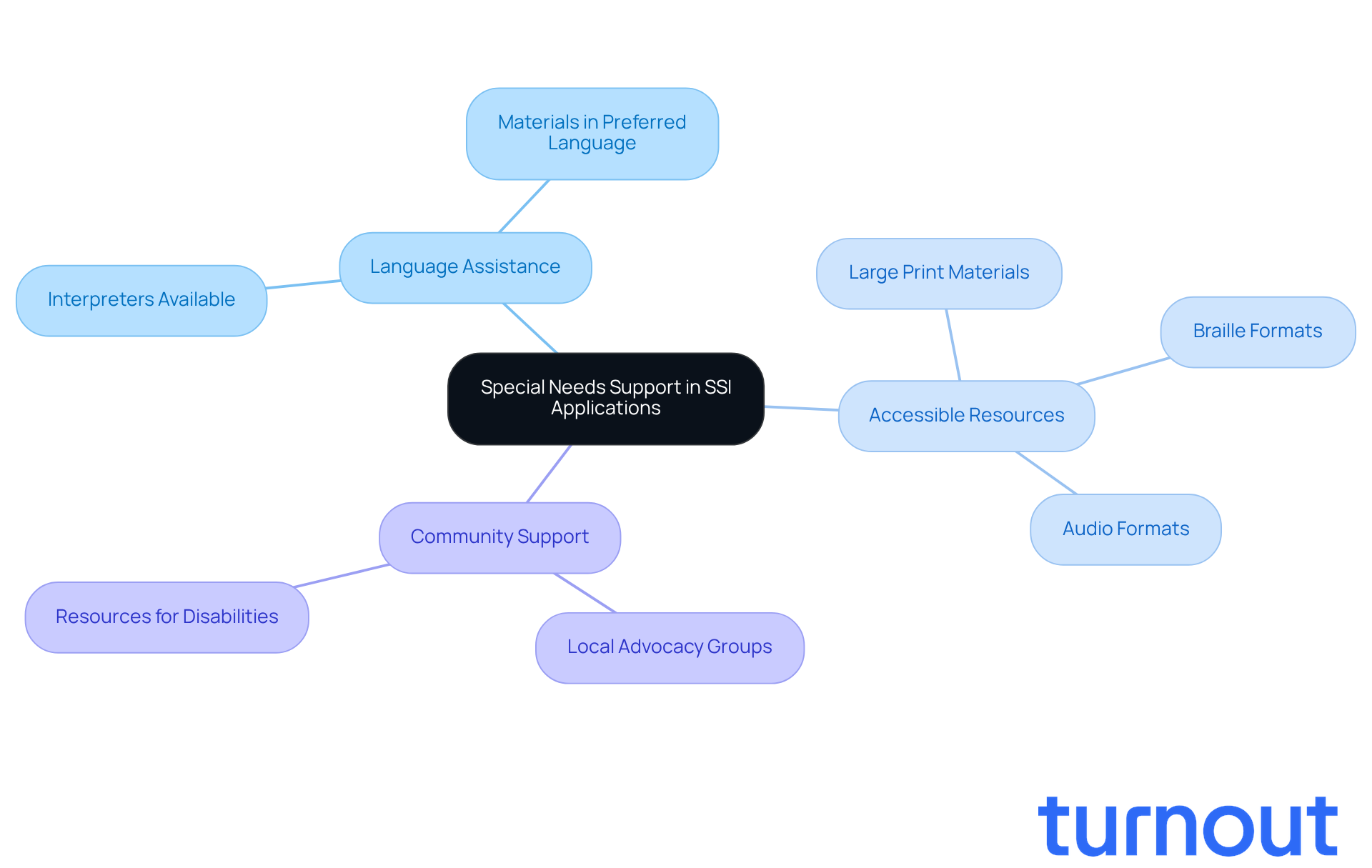 The center represents the overall theme of support for special needs. Each branch shows a different area of focus, with sub-branches providing specific practices or resources related to that area.