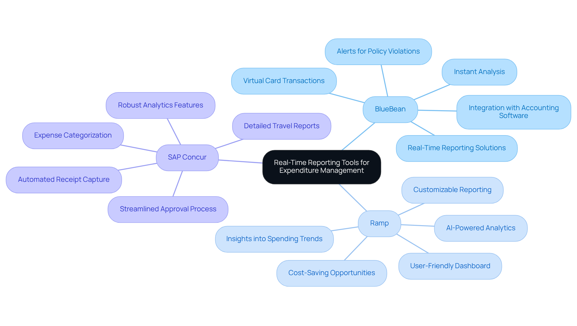 The central node represents the main topic, while each branch shows a different reporting tool. Sub-branches detail the unique features of each tool, helping you see how they compare and what makes each one special.