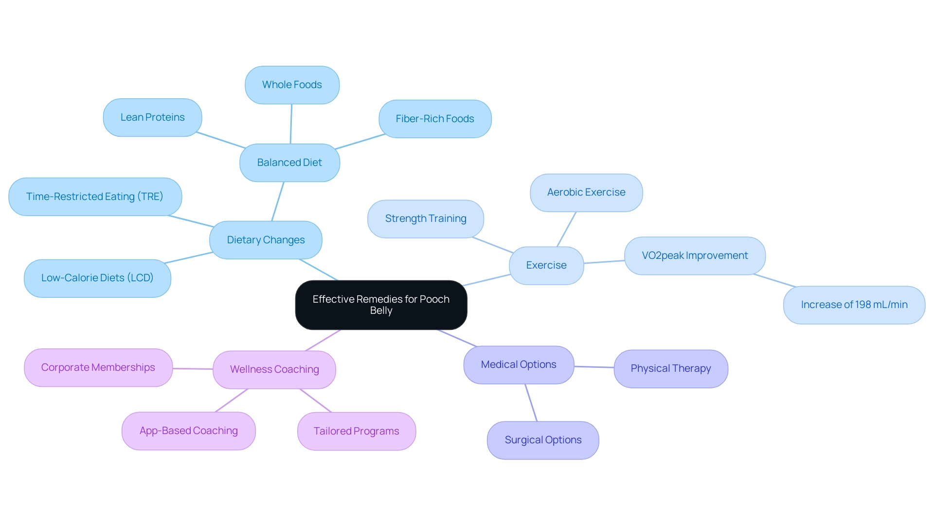 The central node represents the overall topic, with branches showing the main strategies and their respective components for managing pooch belly.